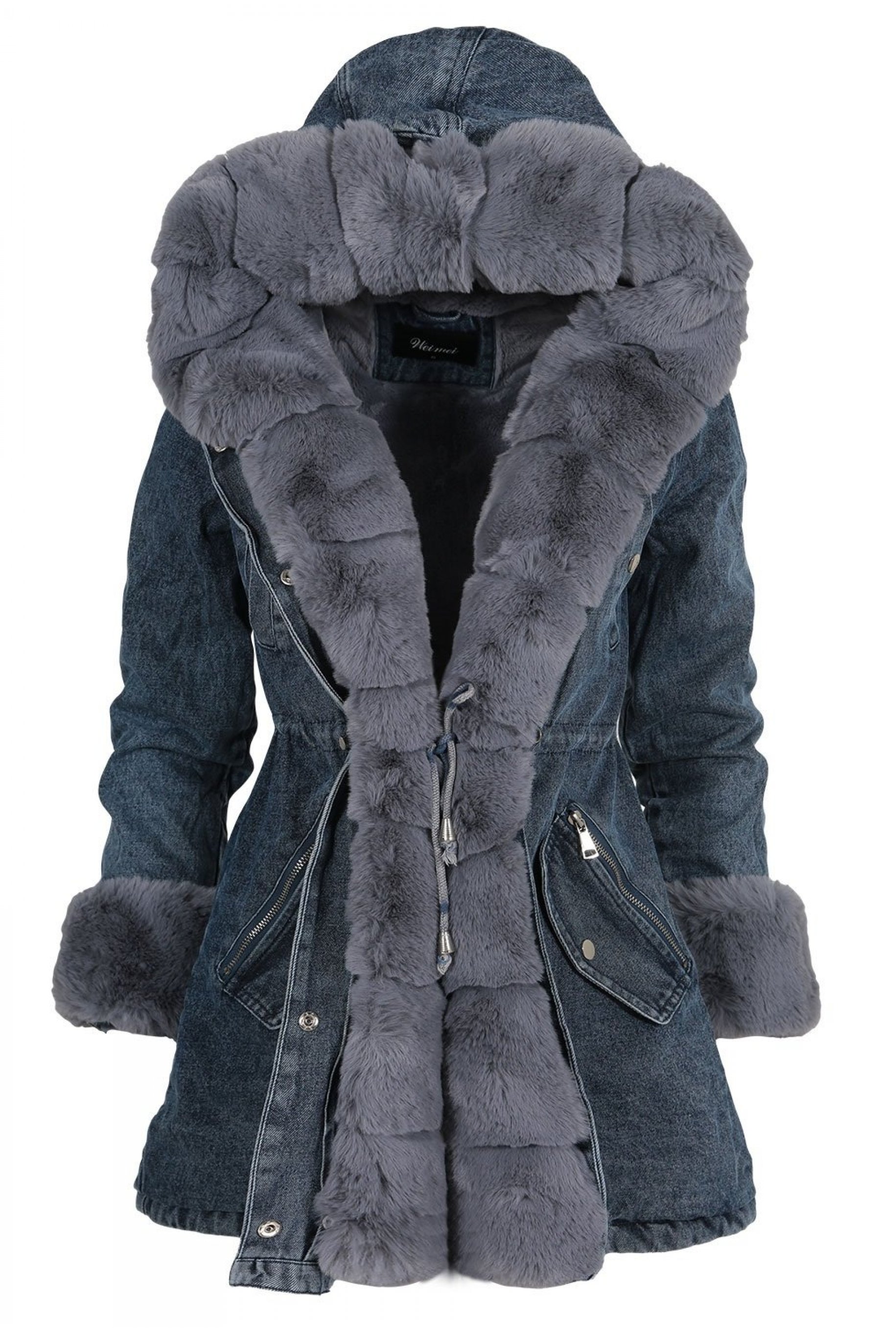 Geaca dama parka din denim cu blanita eco gri Wanda - JojoFashion.ro