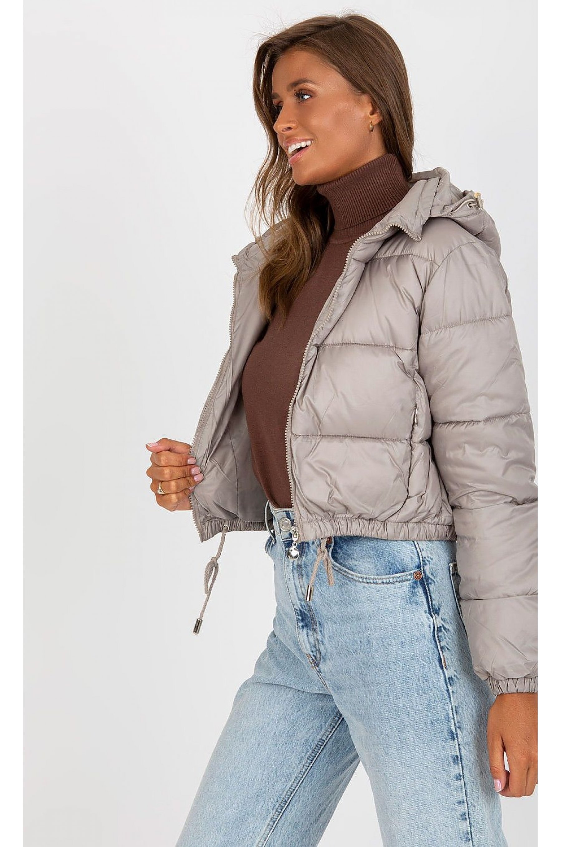 Geaca dama bomber scurta, gri, matlasata, cu gluga, Thara2 - JojoFashion.ro