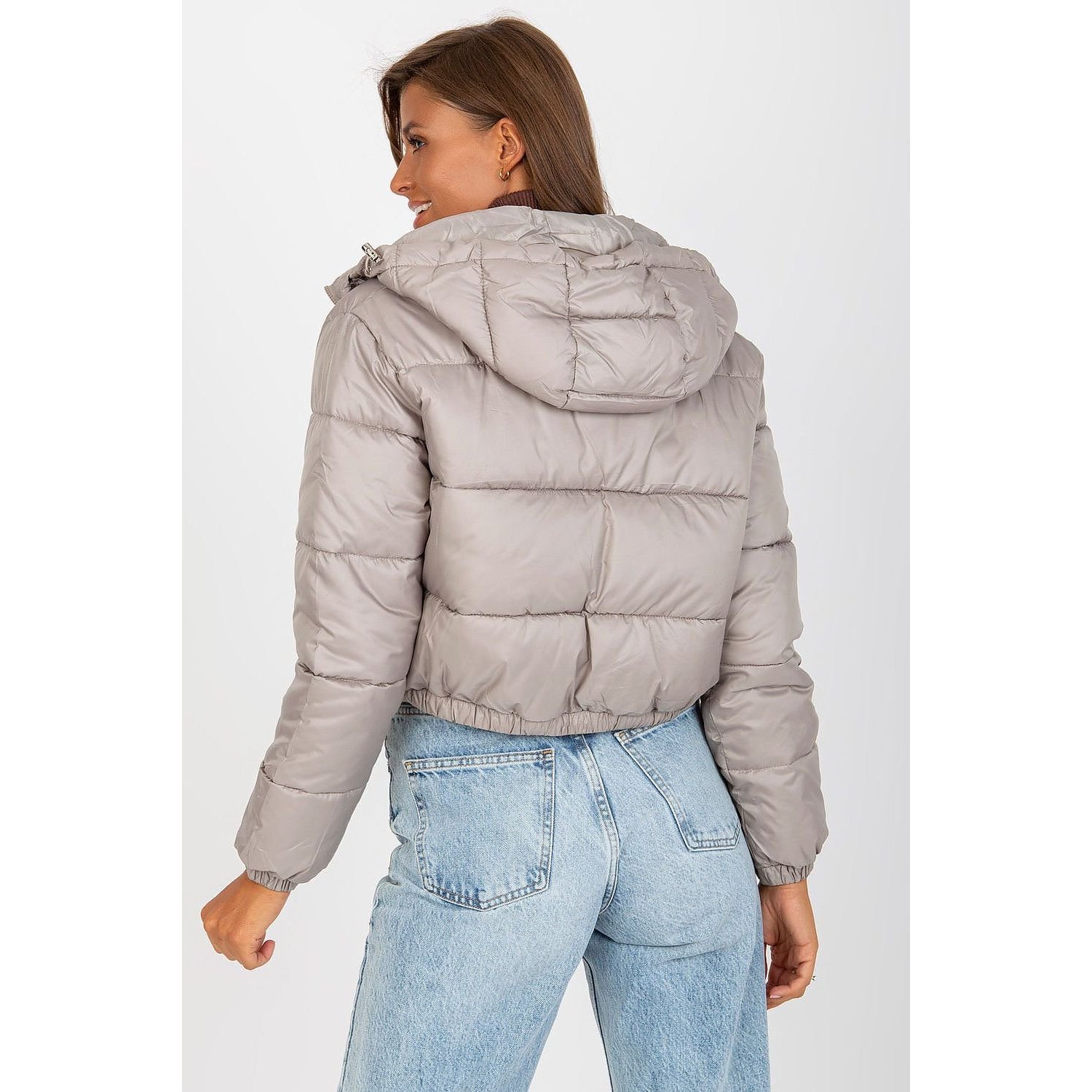 Geaca dama bomber scurta, gri, matlasata, cu gluga, Thara2 - JojoFashion.ro
