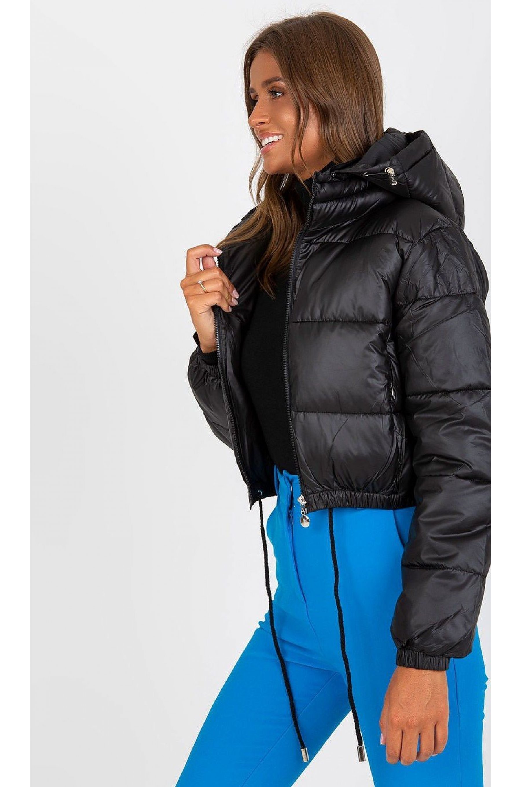 Geaca dama bomber scurta, neagra, matlasata, cu gluga, Thara ...