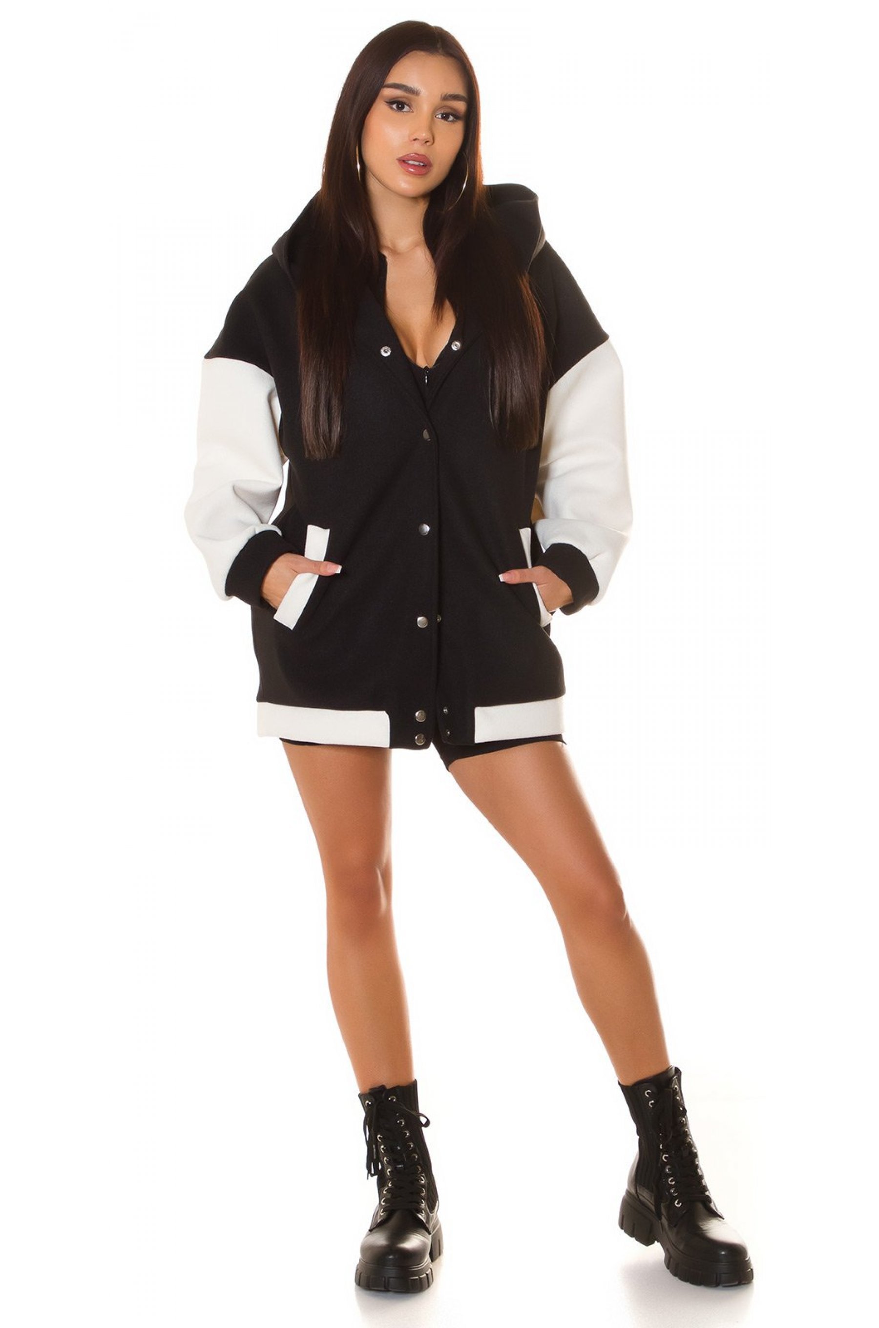 Geaca dama college scurta, neagra, oversize, cu maneca alba, Cherise ...