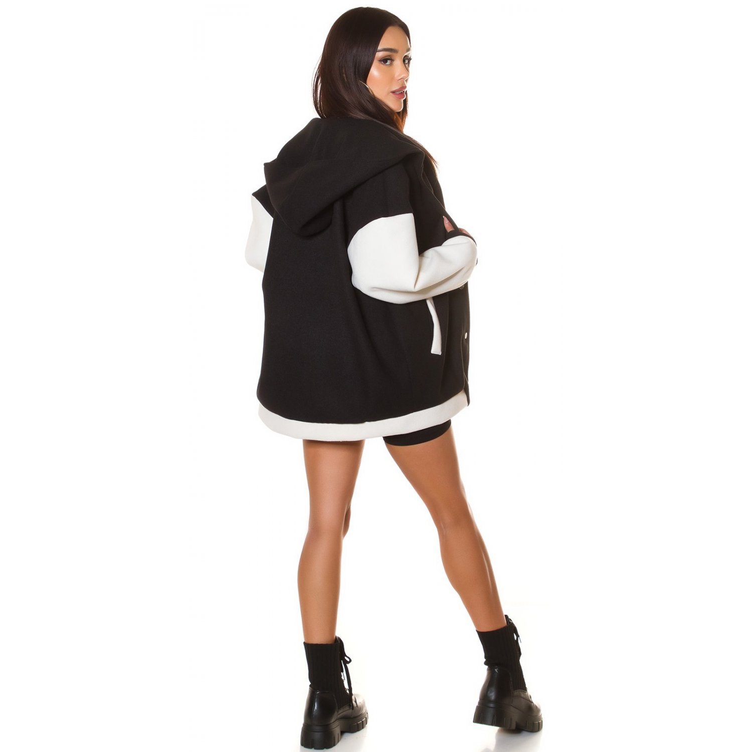 Geaca dama college scurta, neagra, oversize, cu maneca alba, Cherise ...