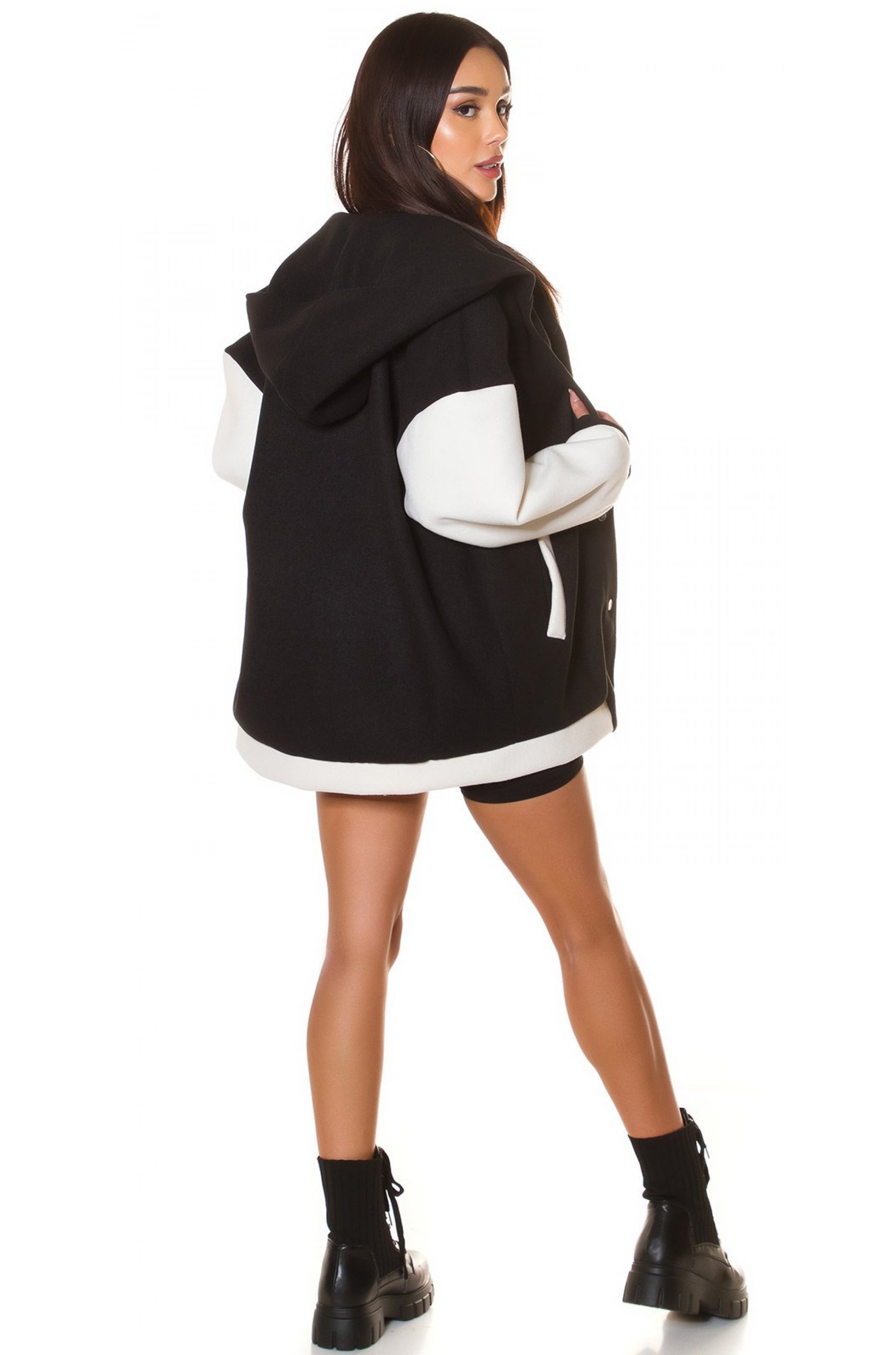 Geaca dama college scurta, neagra, oversize, cu maneca alba, Cherise ...