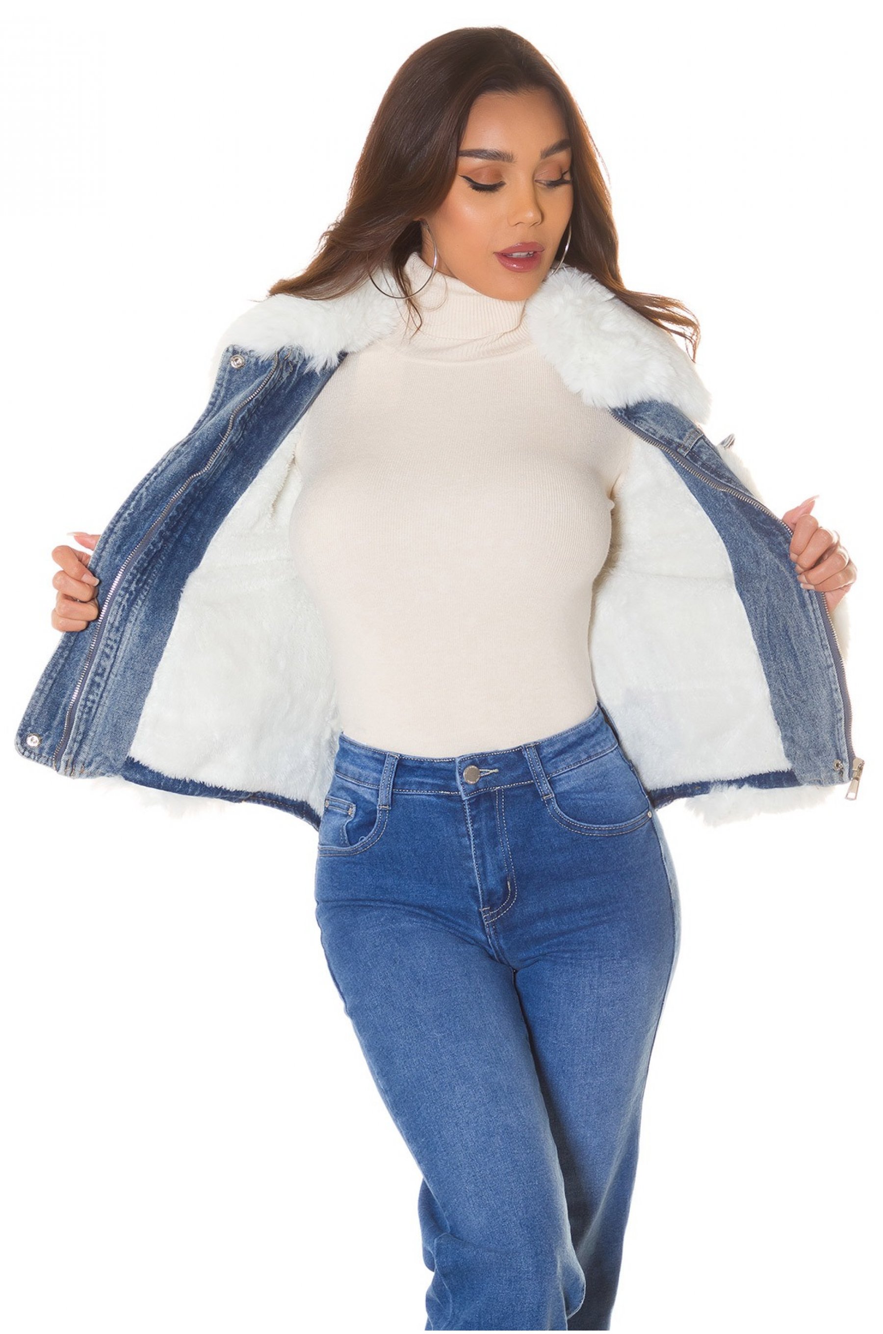 Geaca dama de blugi, scurta, albastra, cu blanita alba eco, Billura ...