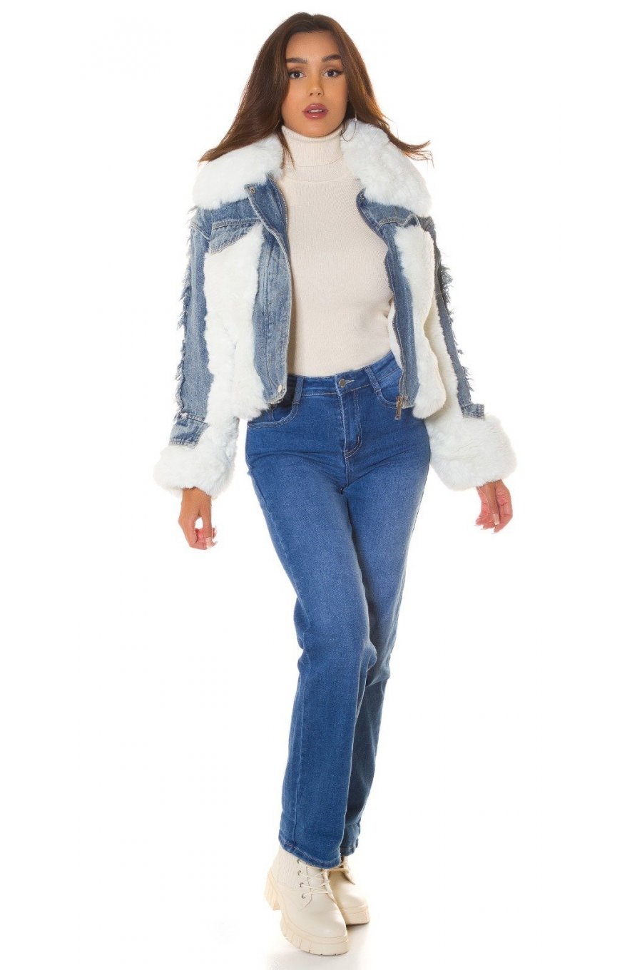 Geaca dama de blugi, scurta, albastra, cu blanita alba eco, Billura ...