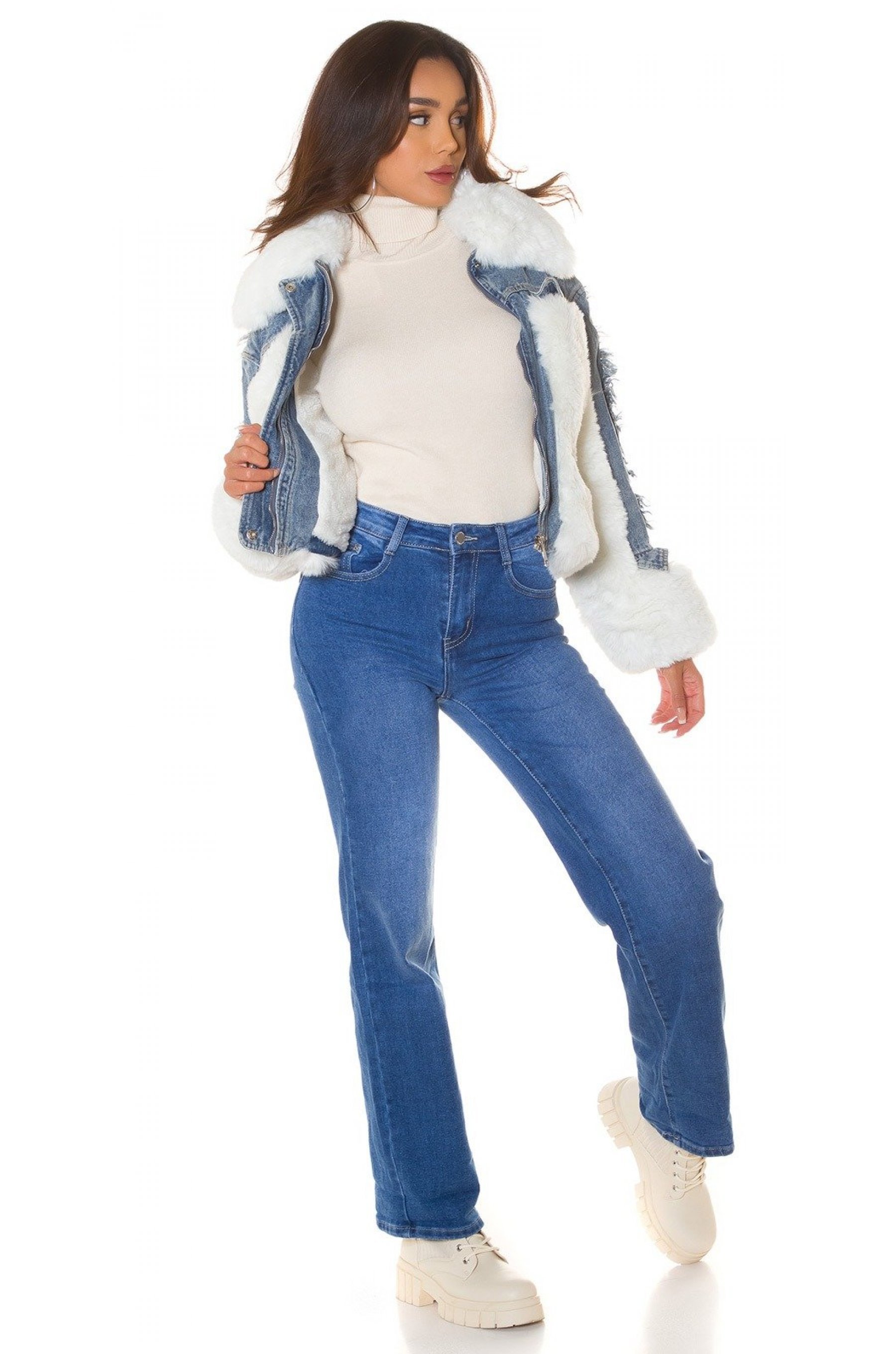 Geaca dama de blugi, scurta, albastra, cu blanita alba eco, Billura ...