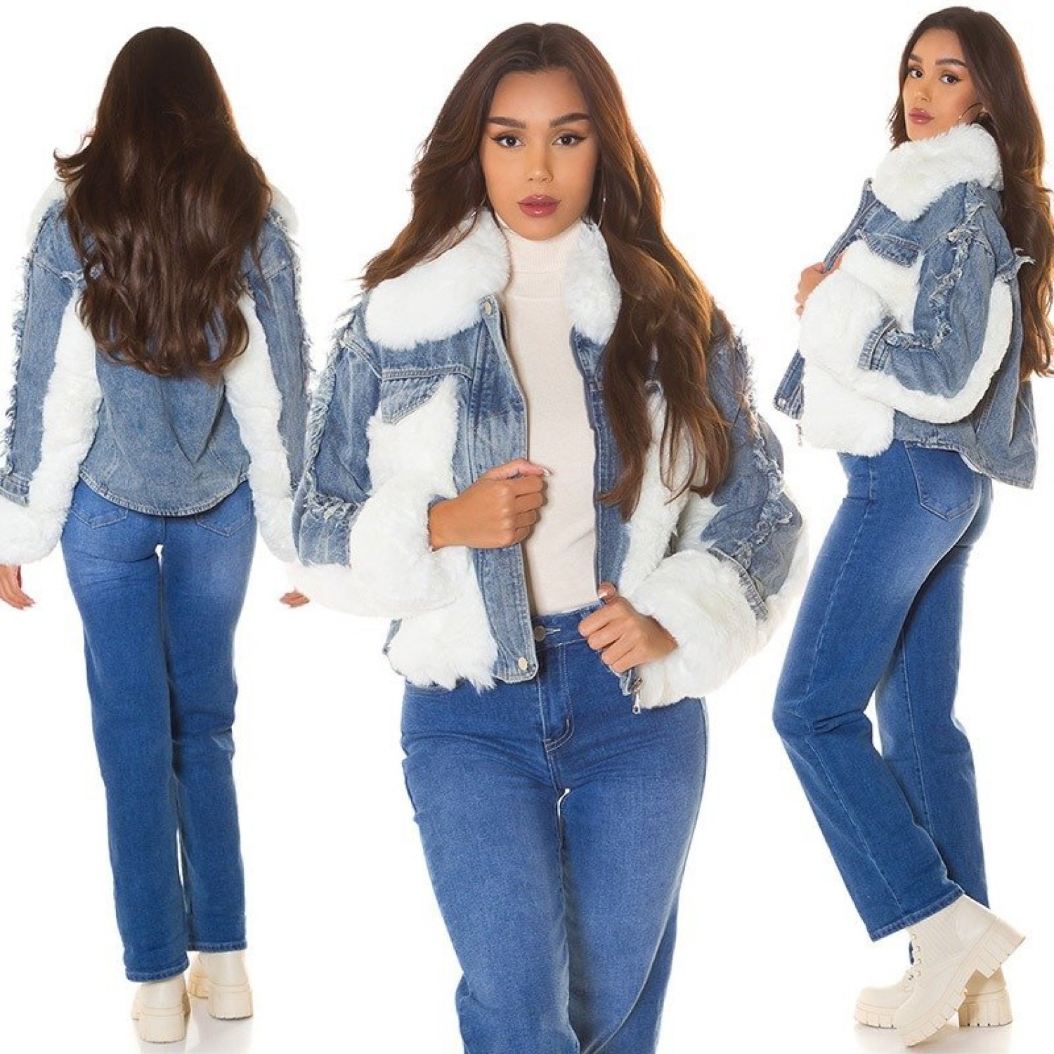 Geaca dama de blugi, scurta, albastra, cu blanita alba eco, Billura ...