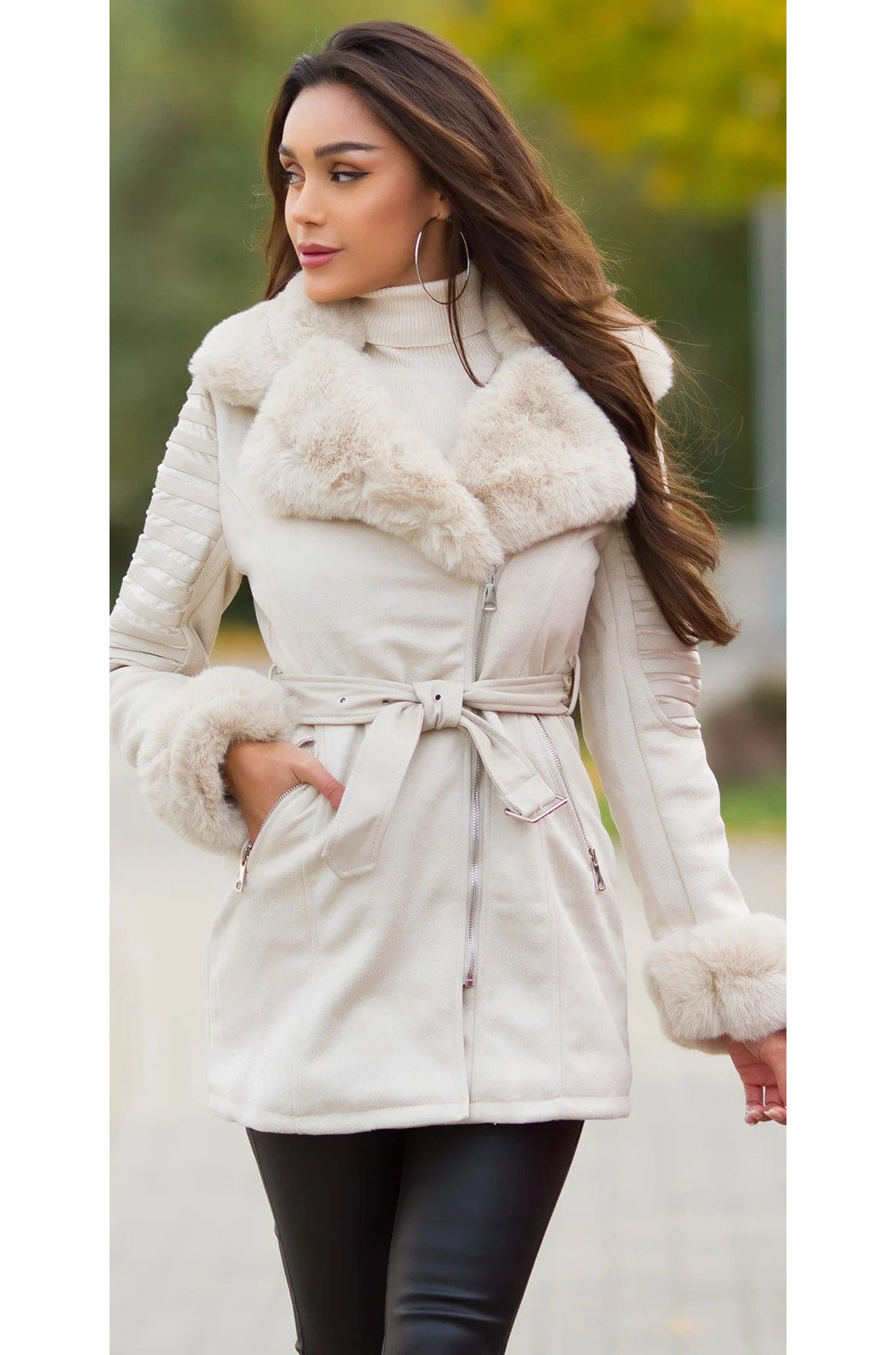 Geaca dama de iarna, bej, piele eco, cu guler din blana artificiala ...