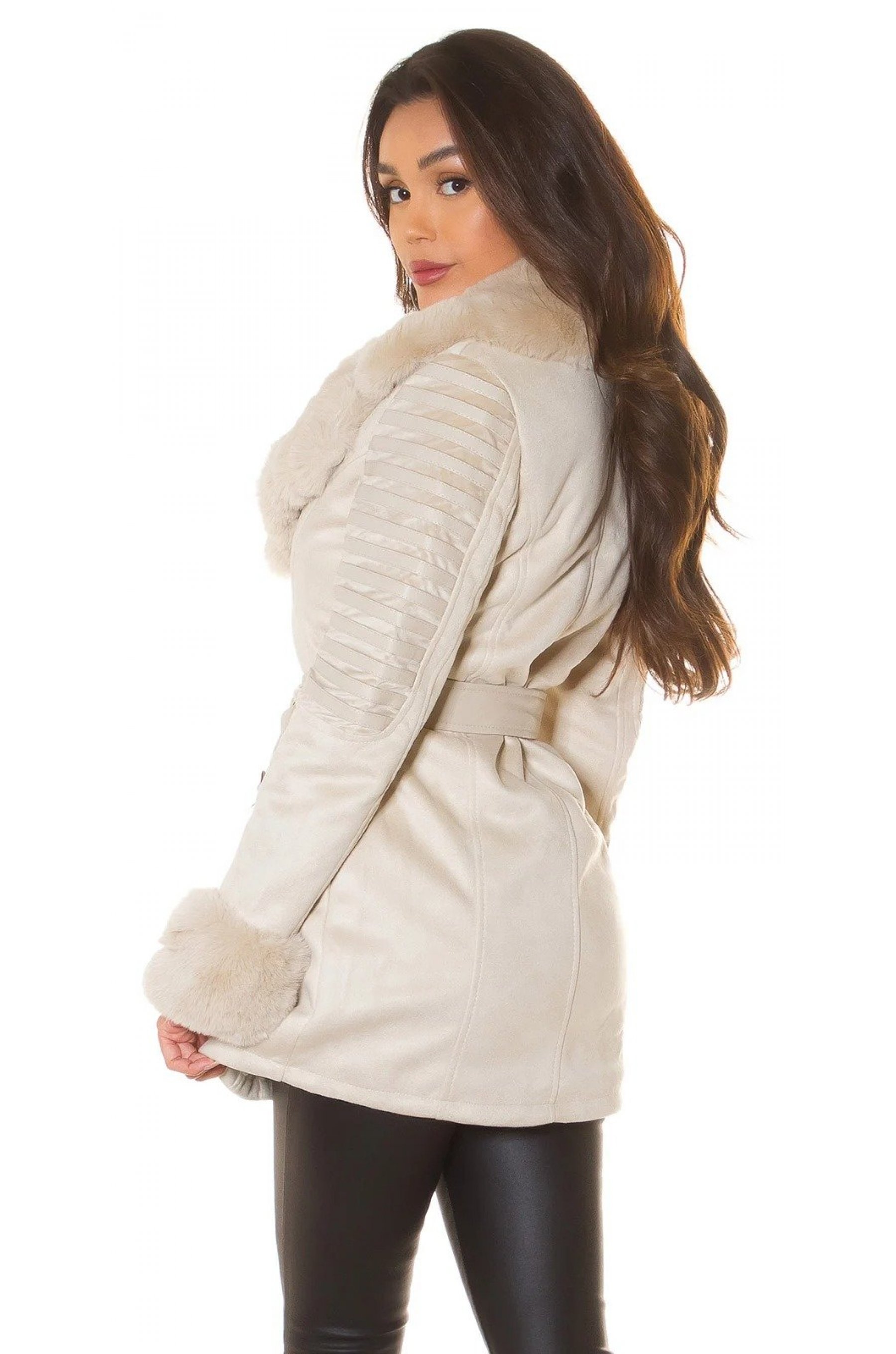 Geaca dama de iarna, bej, piele eco, cu guler din blana artificiala ...