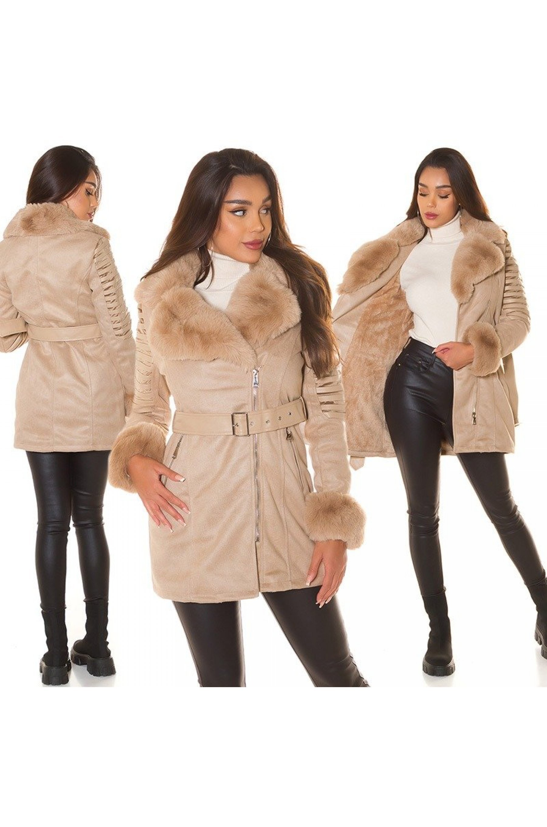 Geaca dama de iarna, cappuccino, piele eco, cu guler din blana ...