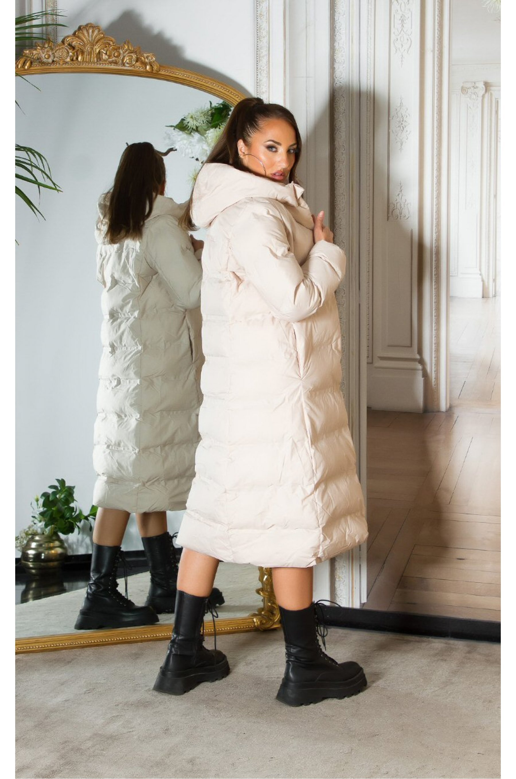 Geaca dama de iarna lunga, bej, parka, cu gluga, Feray - JojoFashion.ro