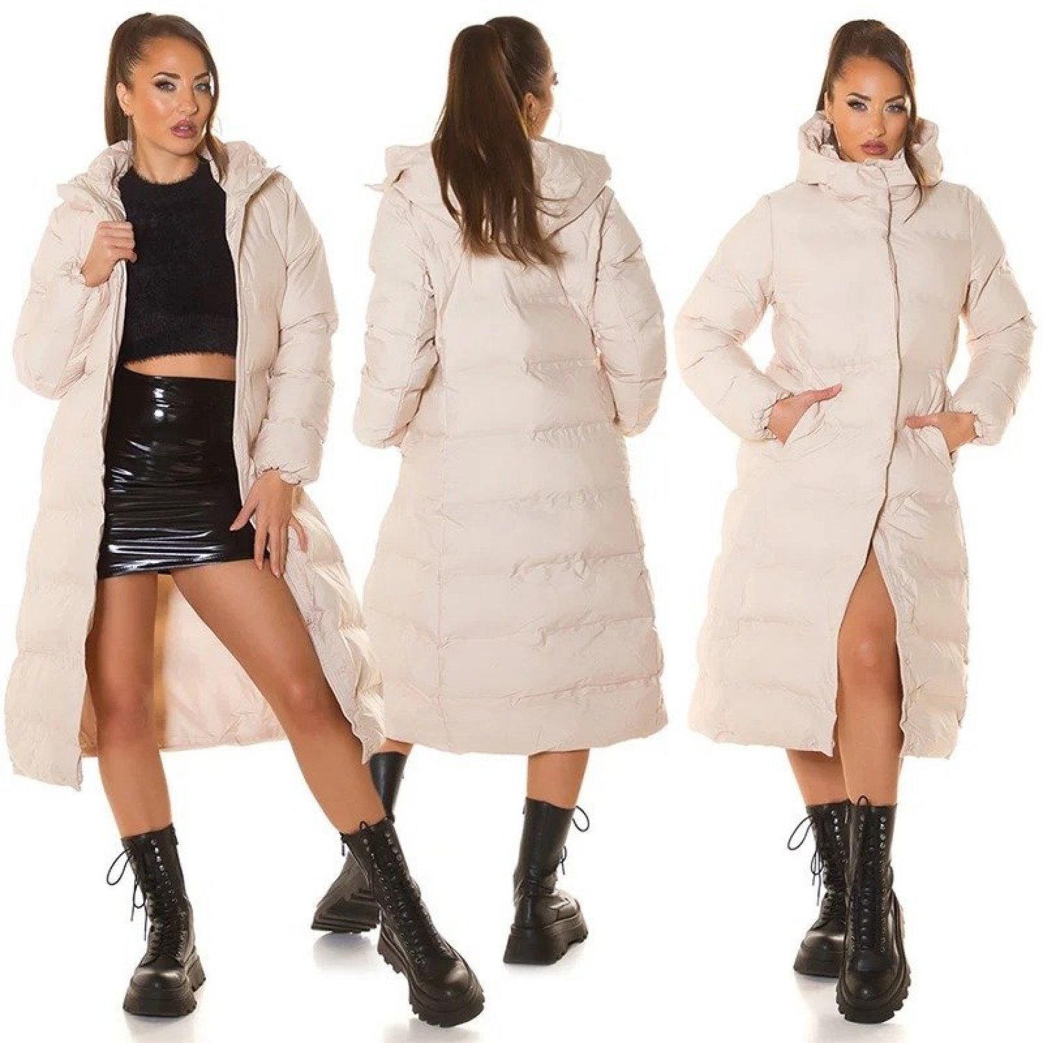 Geaca dama de iarna lunga, bej, parka, cu gluga, Feray - JojoFashion.ro