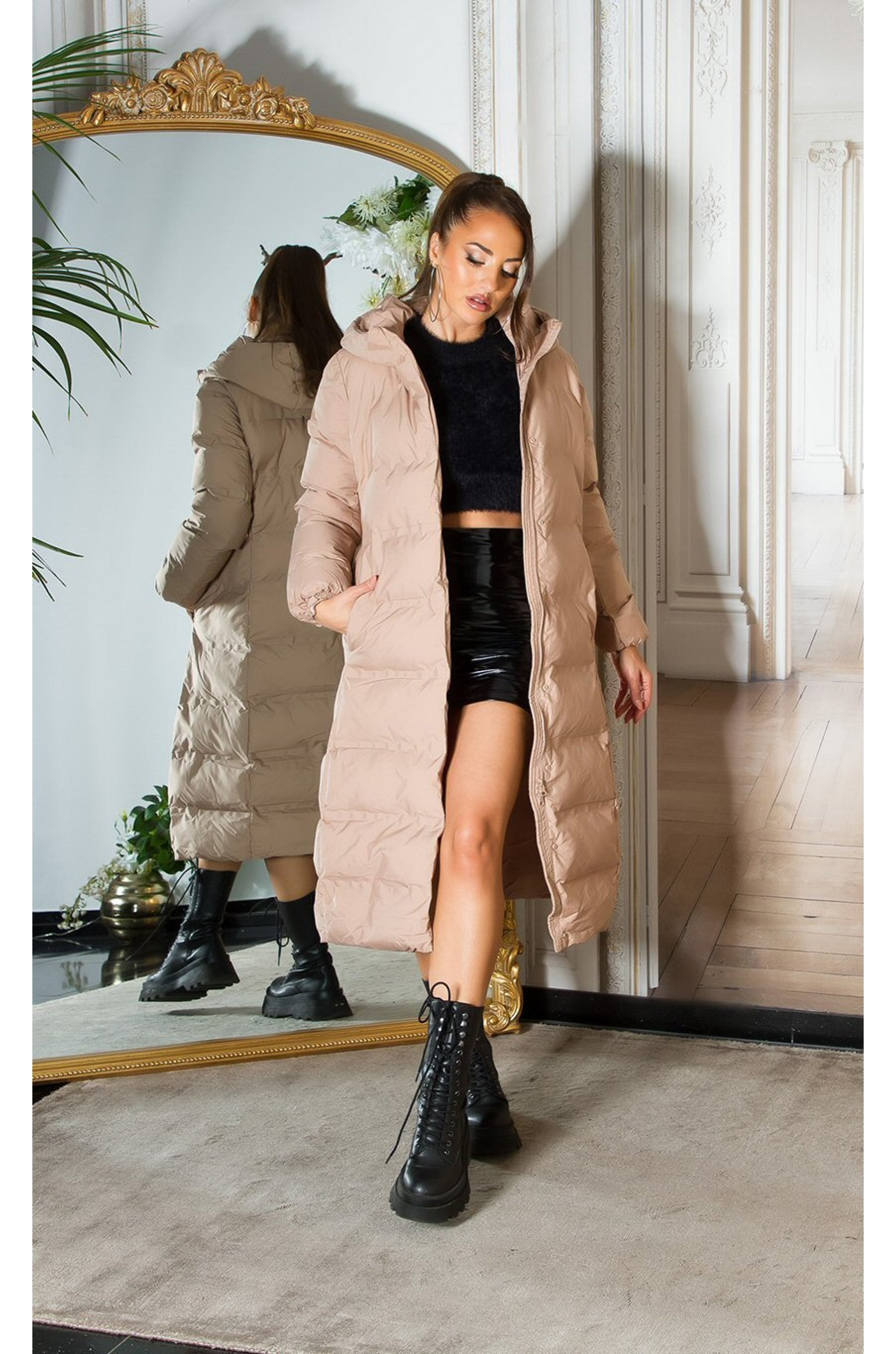 Geaca dama de iarna lunga, cappuccino, parka, cu gluga, Feray ...