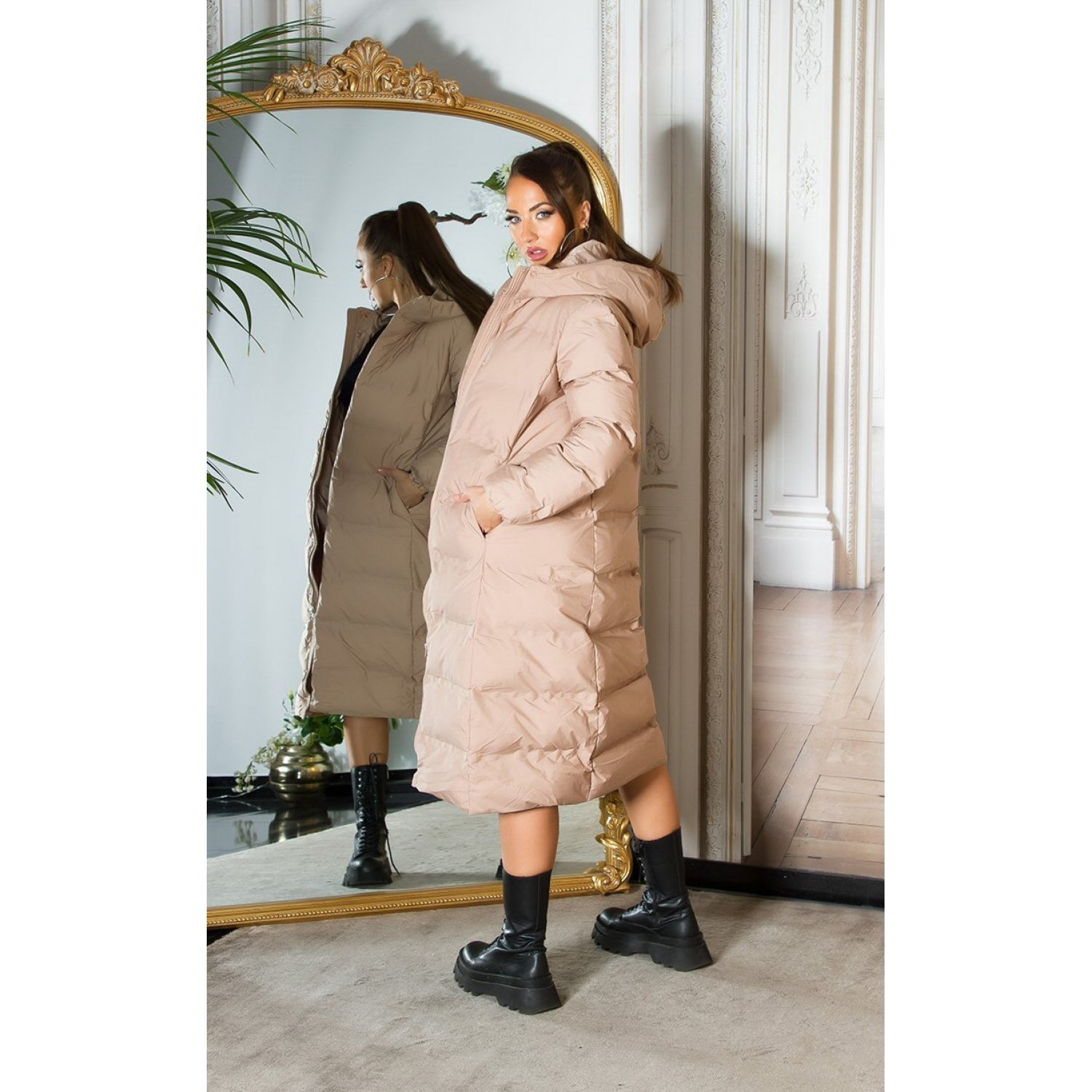 Geaca dama de iarna lunga, cappuccino, parka, cu gluga, Feray ...