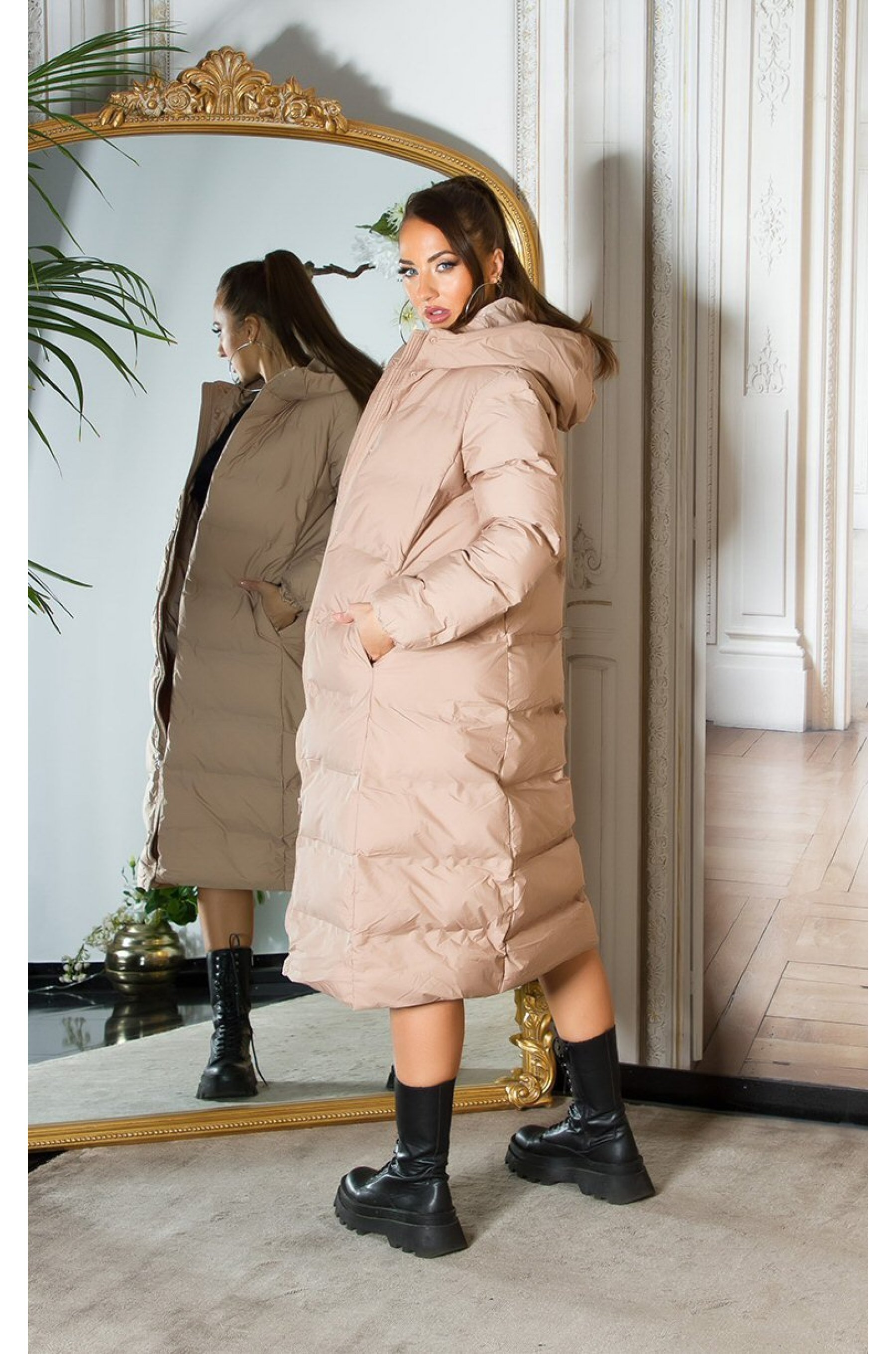 Geaca dama de iarna lunga, cappuccino, parka, cu gluga, Feray ...