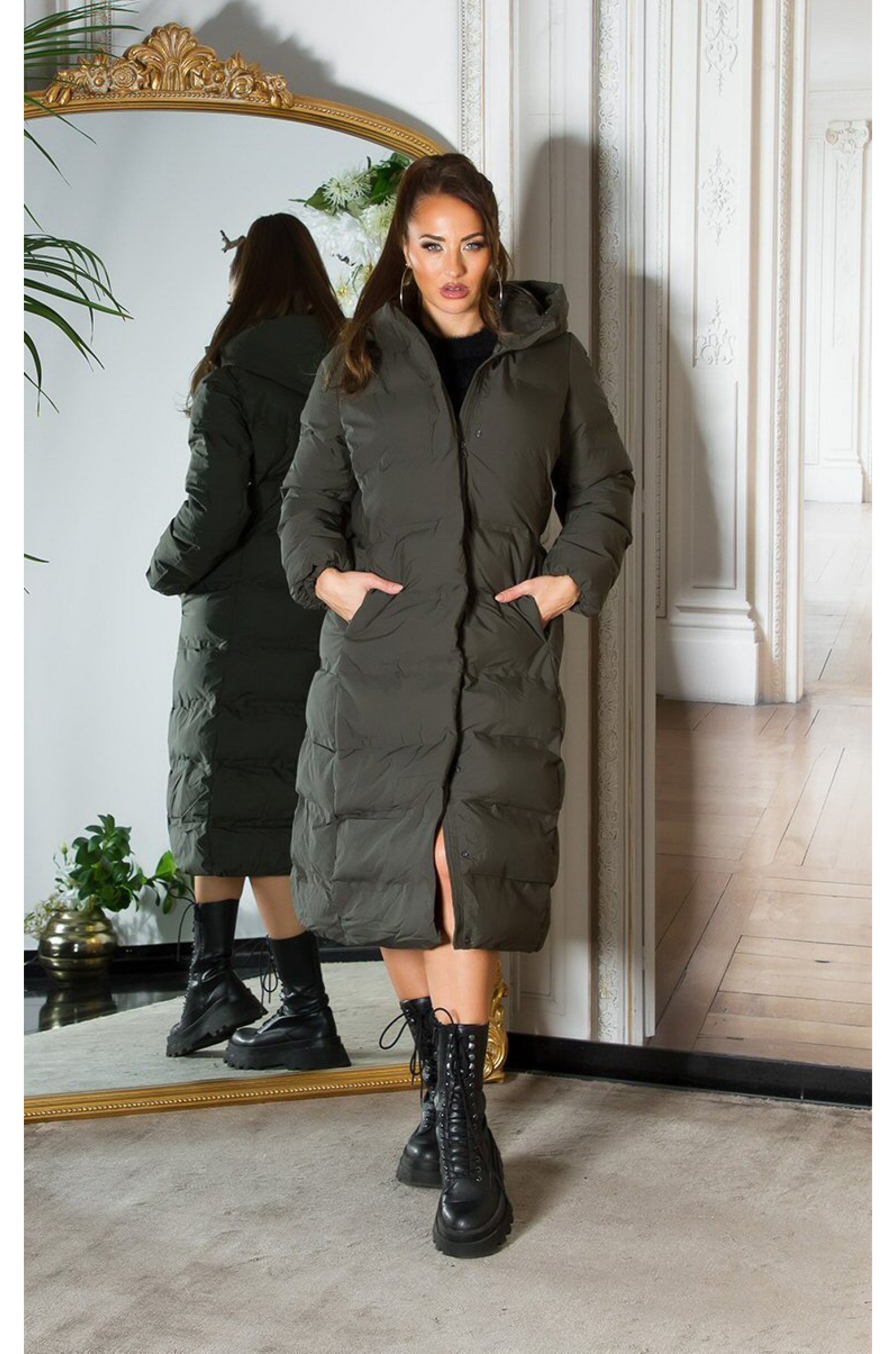 Geaca dama de iarna lunga, kaki, parka, cu gluga, Feray - JojoFashion.ro