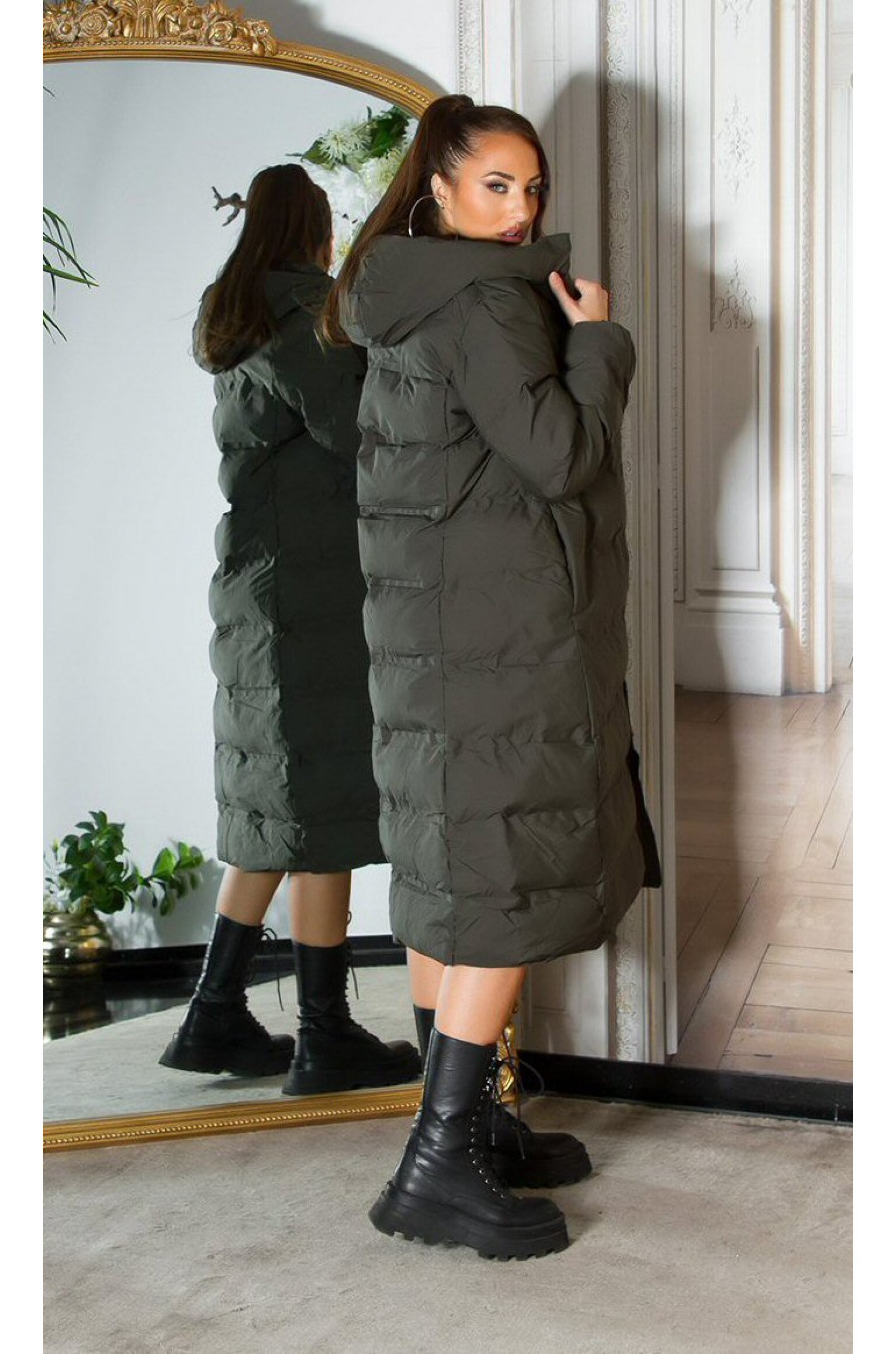 Geaca dama de iarna lunga, kaki, parka, cu gluga, Feray - JojoFashion.ro