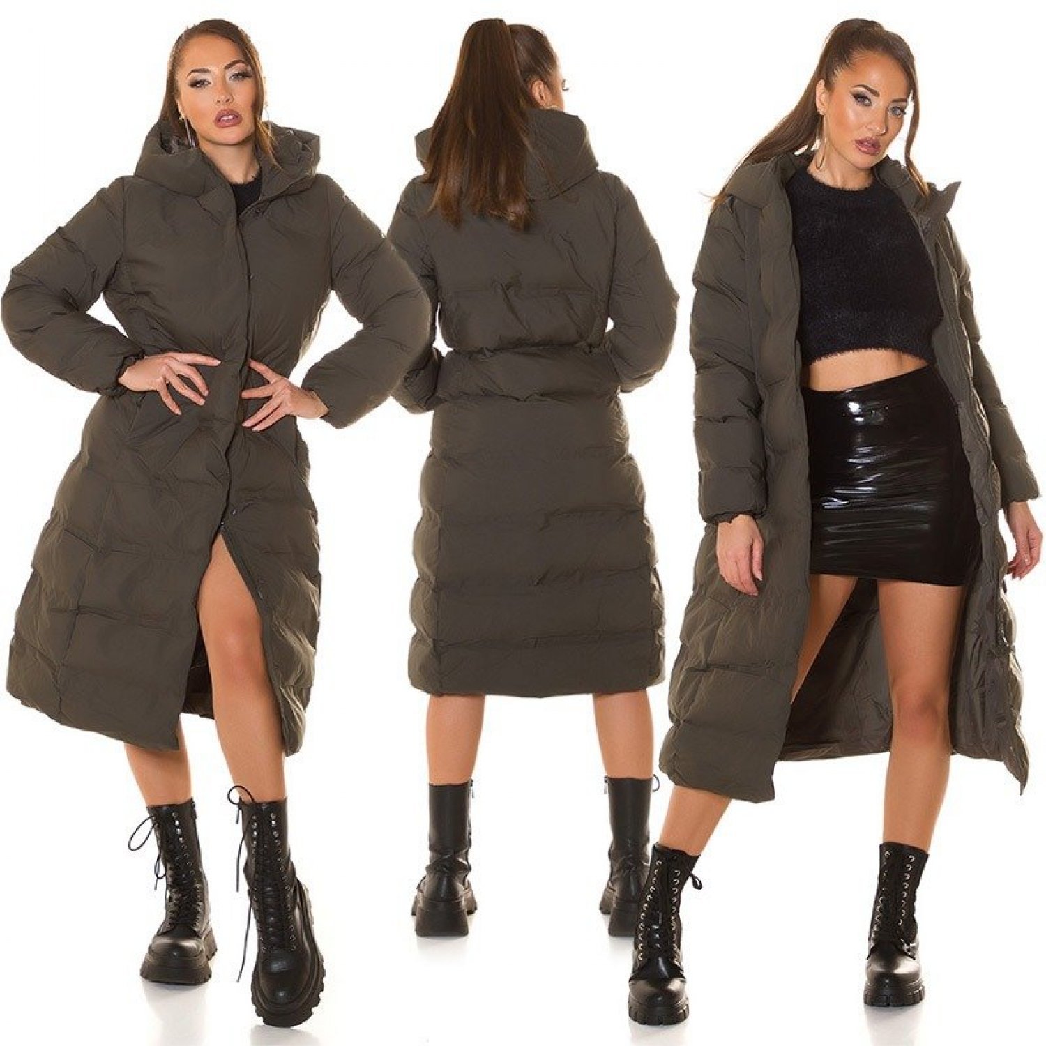 Geaca dama de iarna lunga, kaki, parka, cu gluga, Feray - JojoFashion.ro