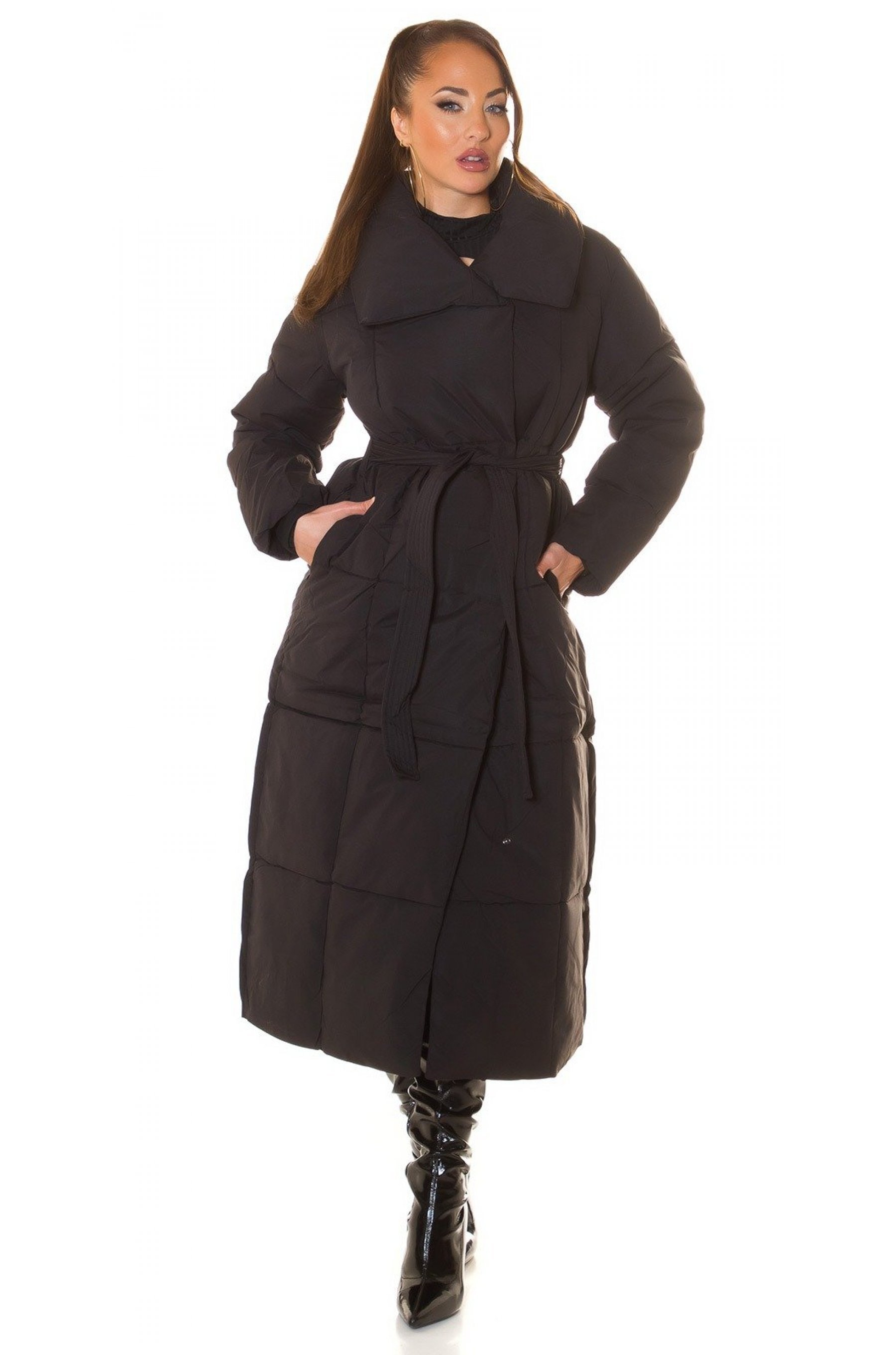 Geaca dama de iarna lunga, matlasata, neagra, cu guler lat, Guliz ...