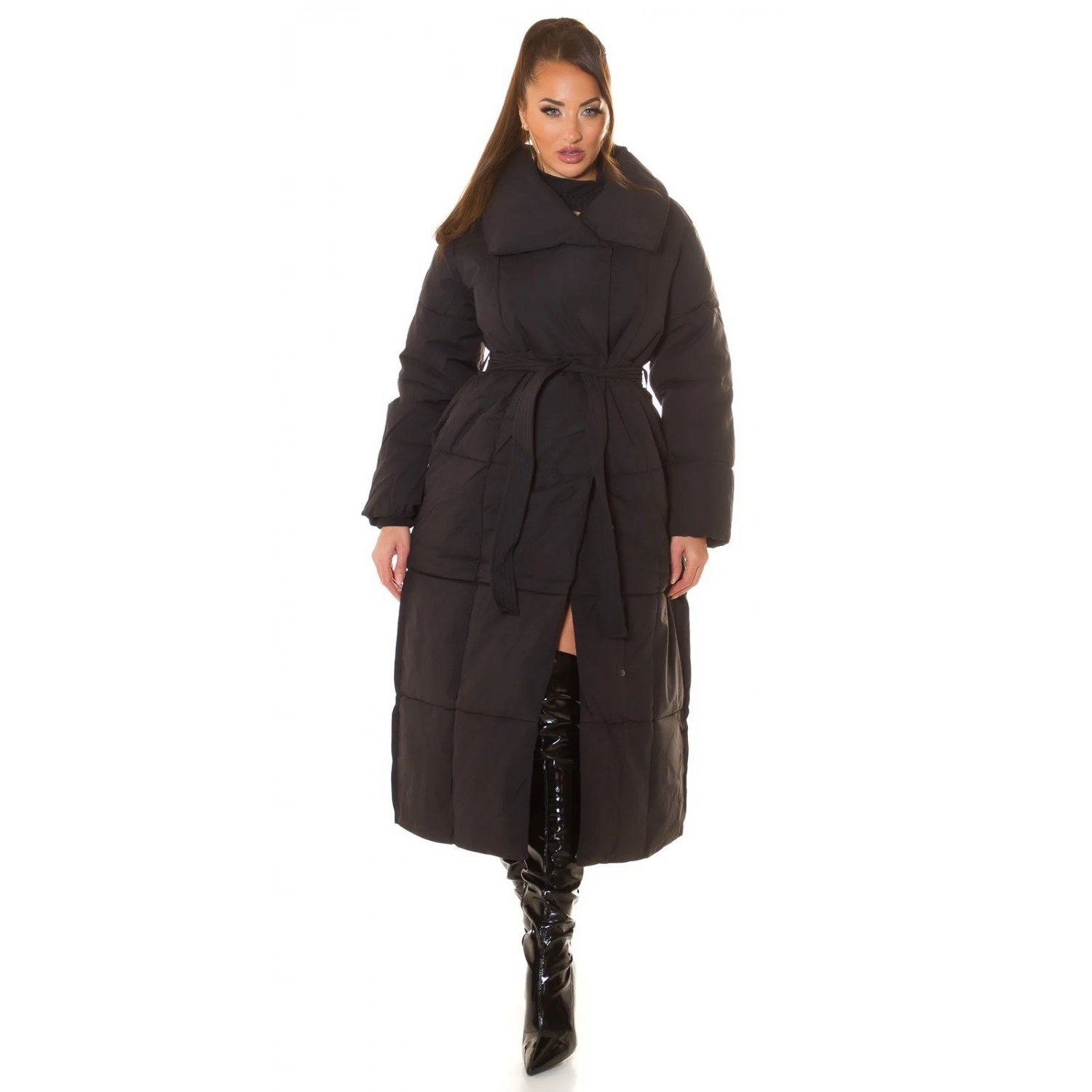 Geaca dama de iarna lunga, matlasata, neagra, cu guler lat, Guliz ...
