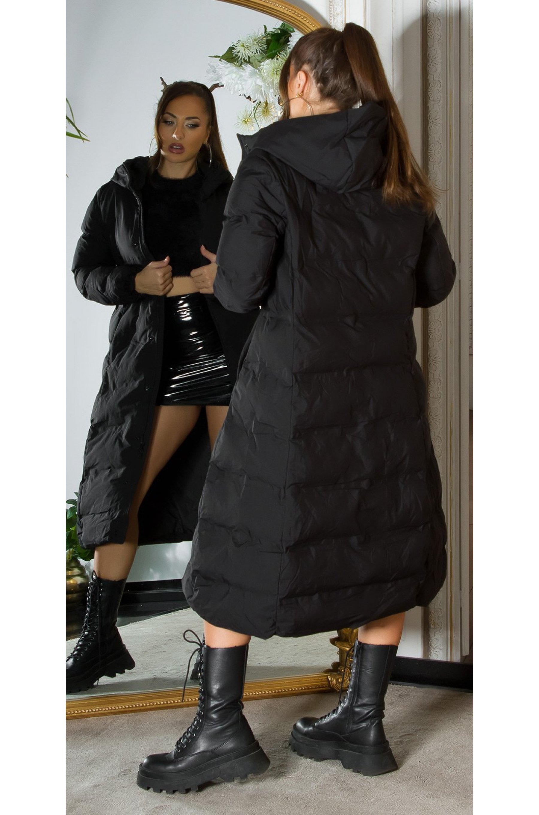 Geaca dama de iarna lunga, neagra, parka, cu gluga, Feray - JojoFashion.ro