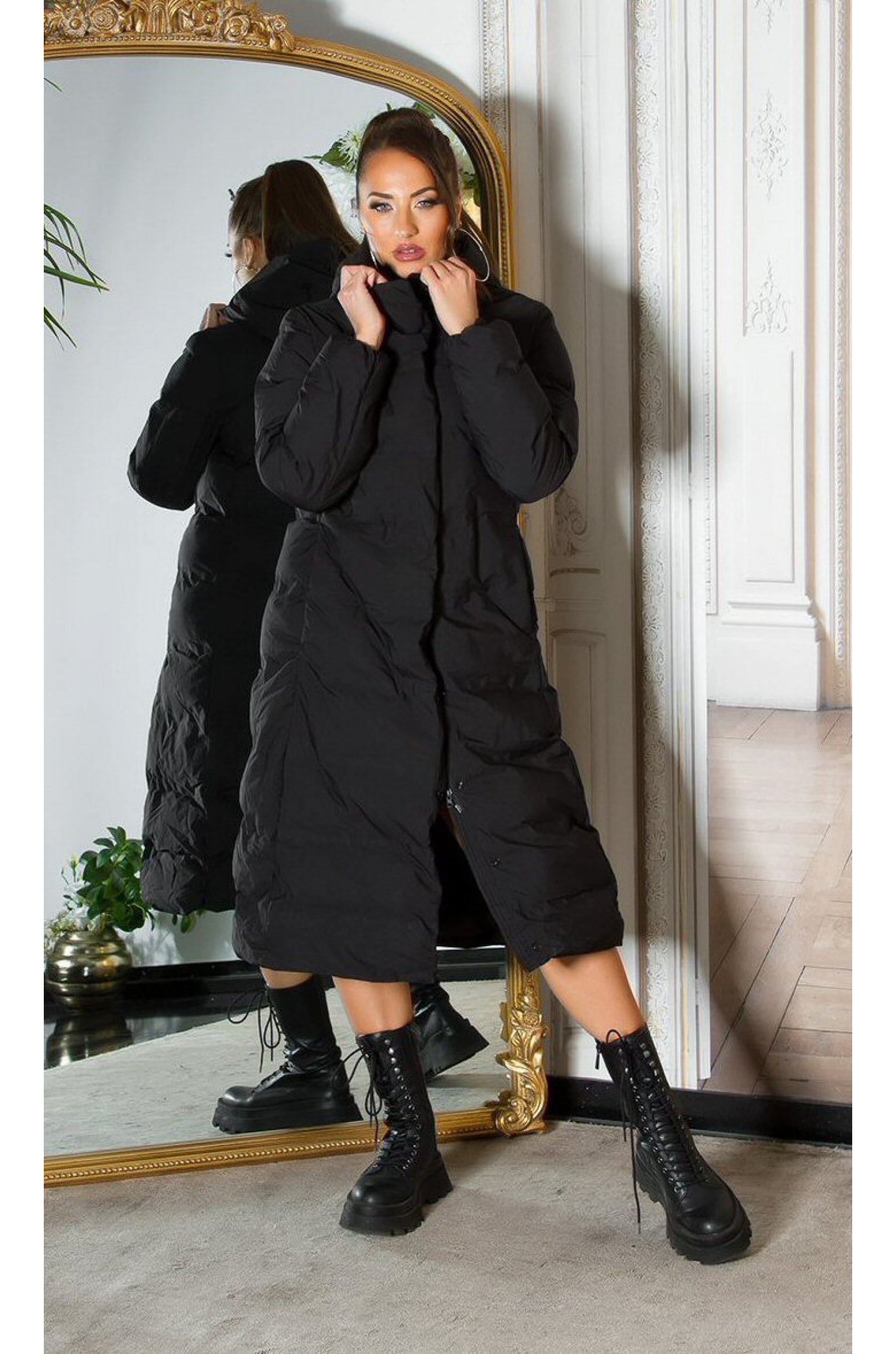 Geaca dama de iarna lunga, neagra, parka, cu gluga, Feray - JojoFashion.ro