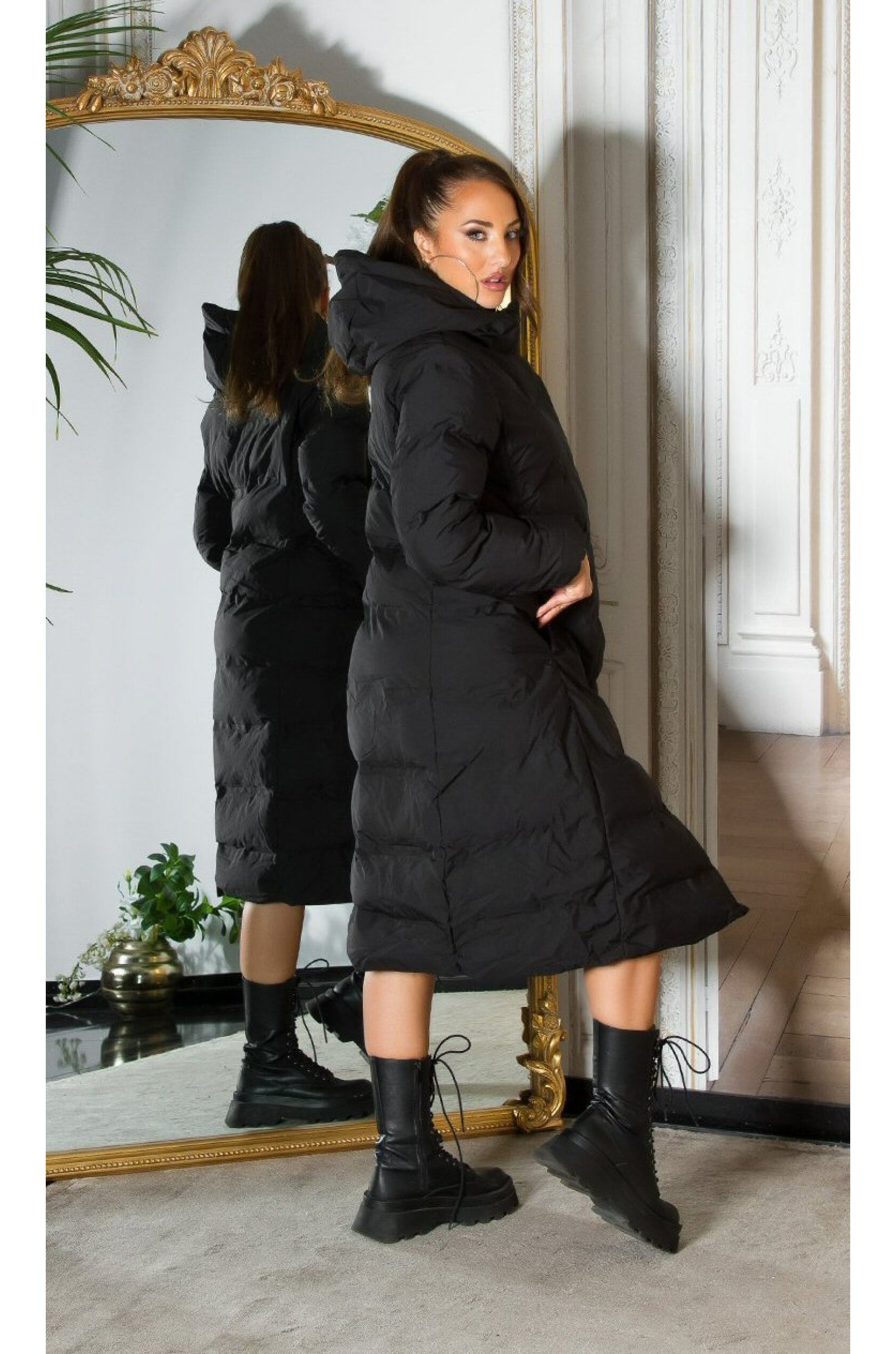 Geaca dama de iarna lunga, neagra, parka, cu gluga, Feray - JojoFashion.ro