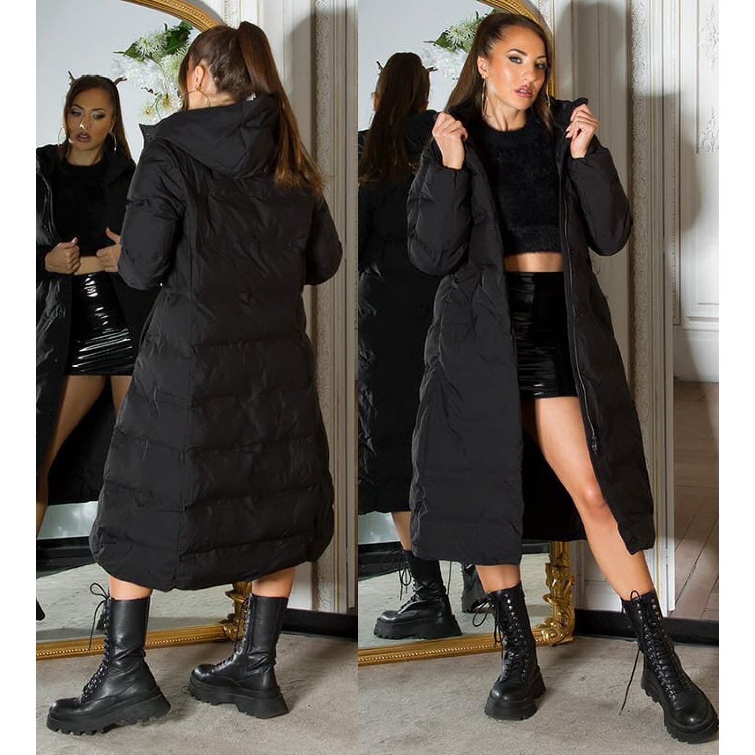 Geaca dama de iarna lunga, neagra, parka, cu gluga, Feray - JojoFashion.ro