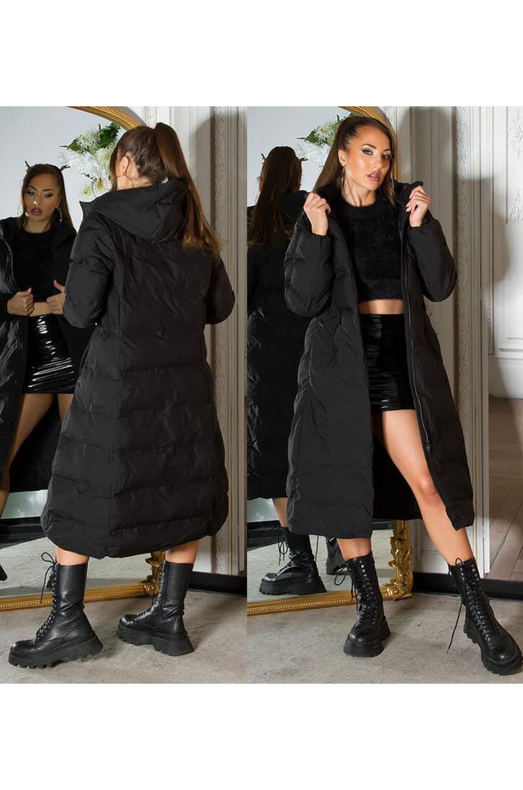 Geaca dama de iarna lunga, neagra, parka, cu gluga, Feray - JojoFashion.ro