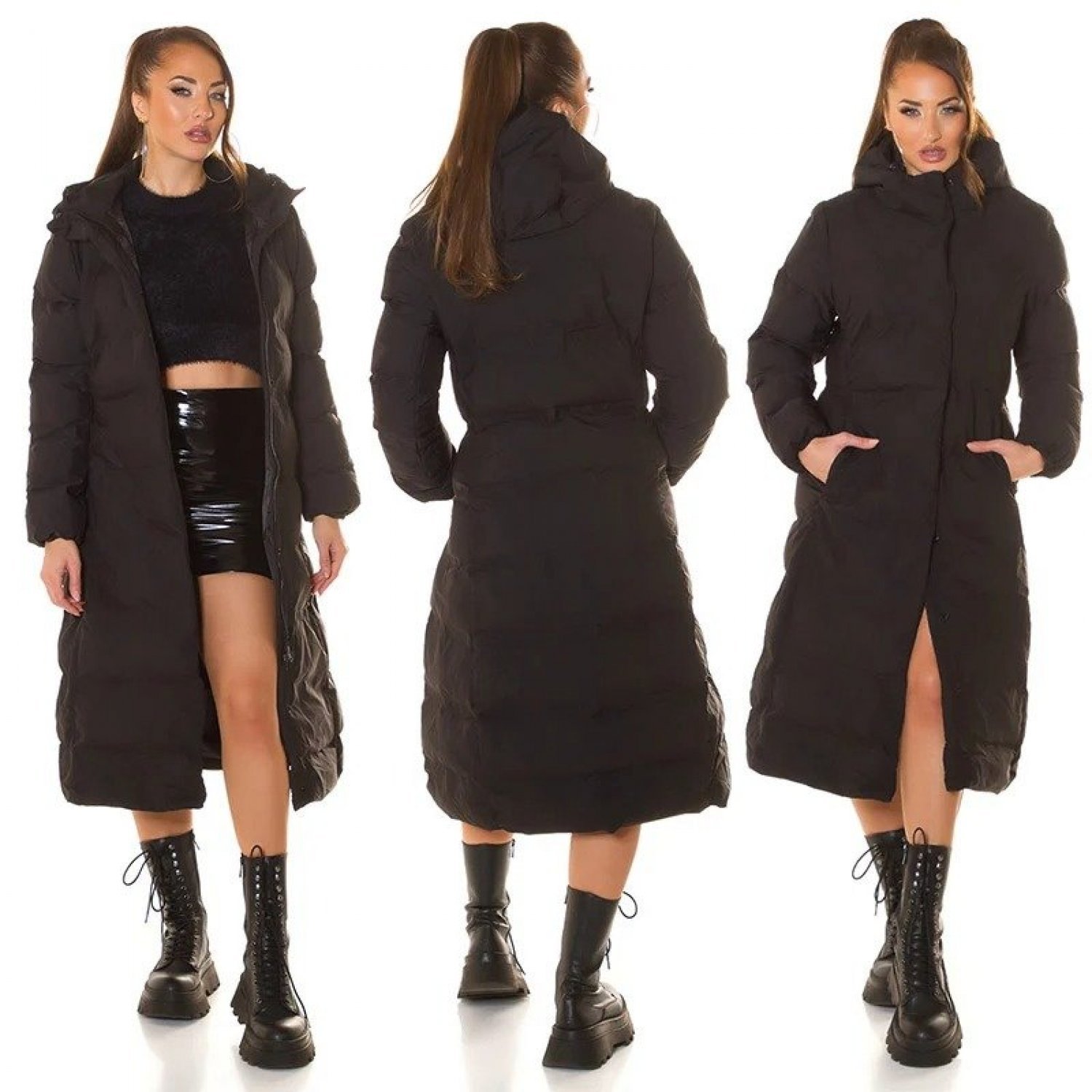 Geaca dama de iarna lunga, neagra, parka, cu gluga, Feray - JojoFashion.ro