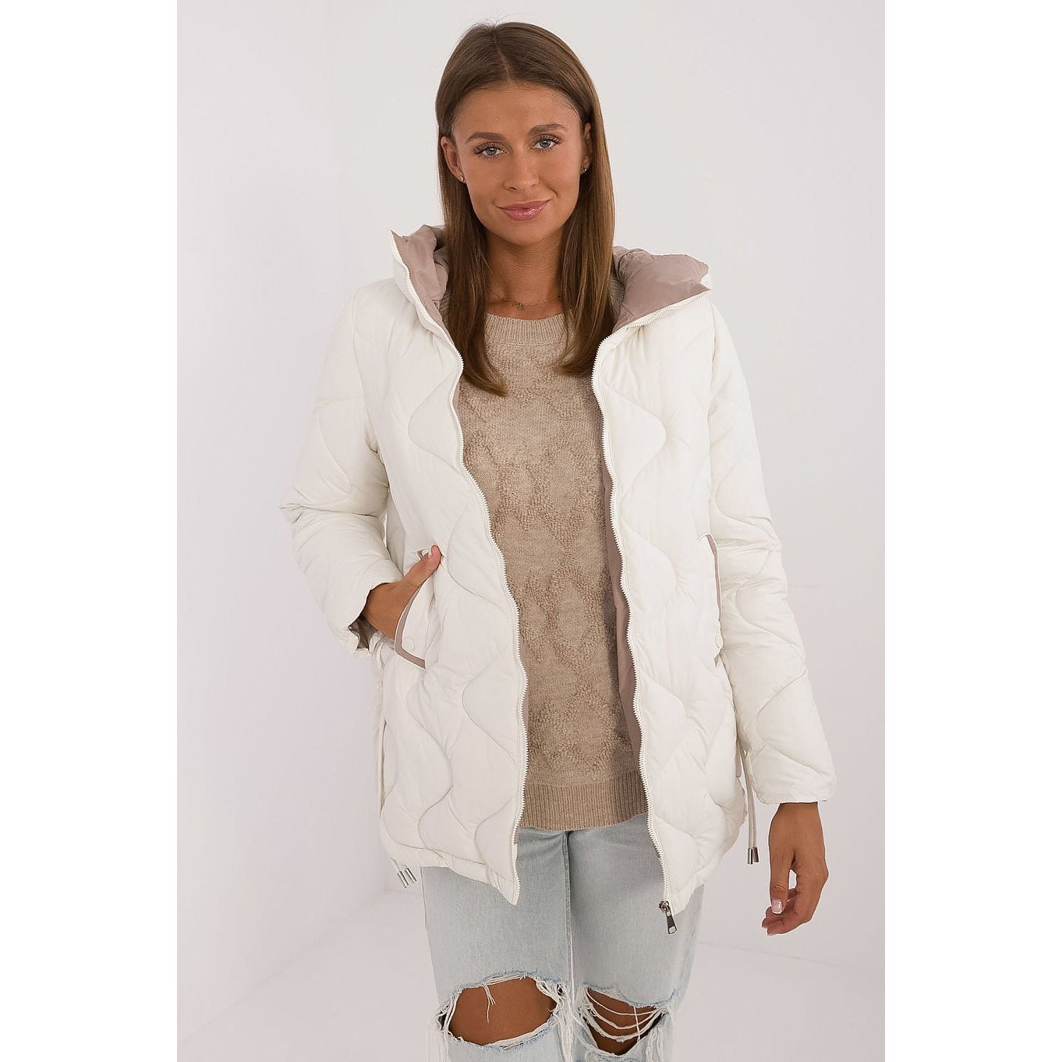 Geaca dama de iarna, matlasata, alba, cu gluga, Masha1 - JojoFashion.ro