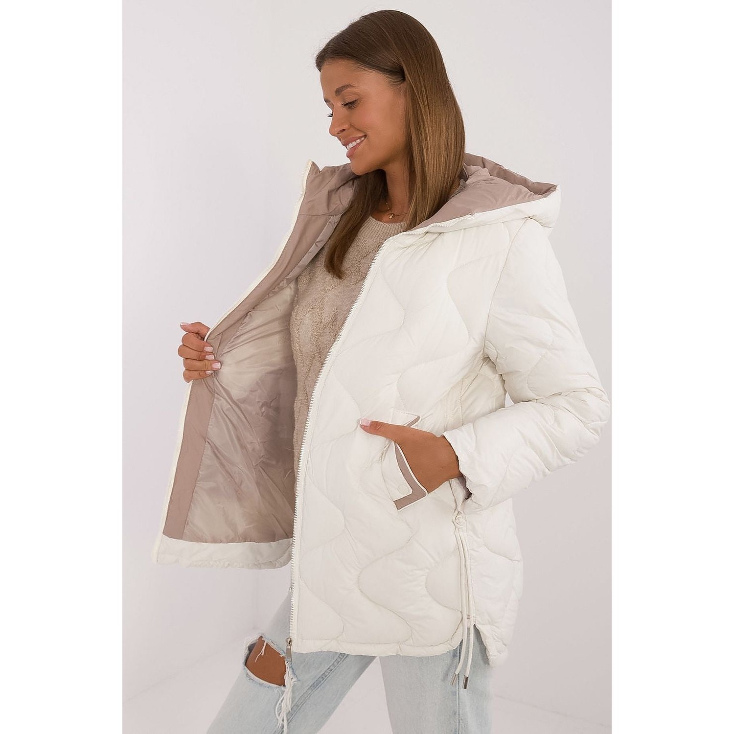 Geaca dama de iarna, matlasata, alba, cu gluga, Masha1 - JojoFashion.ro