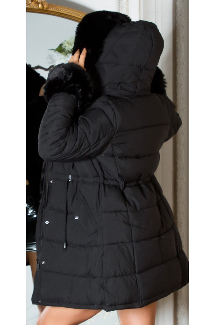 Geaca dama de iarna midi parka, neagra, matlasata, cu gluga si blanita ...