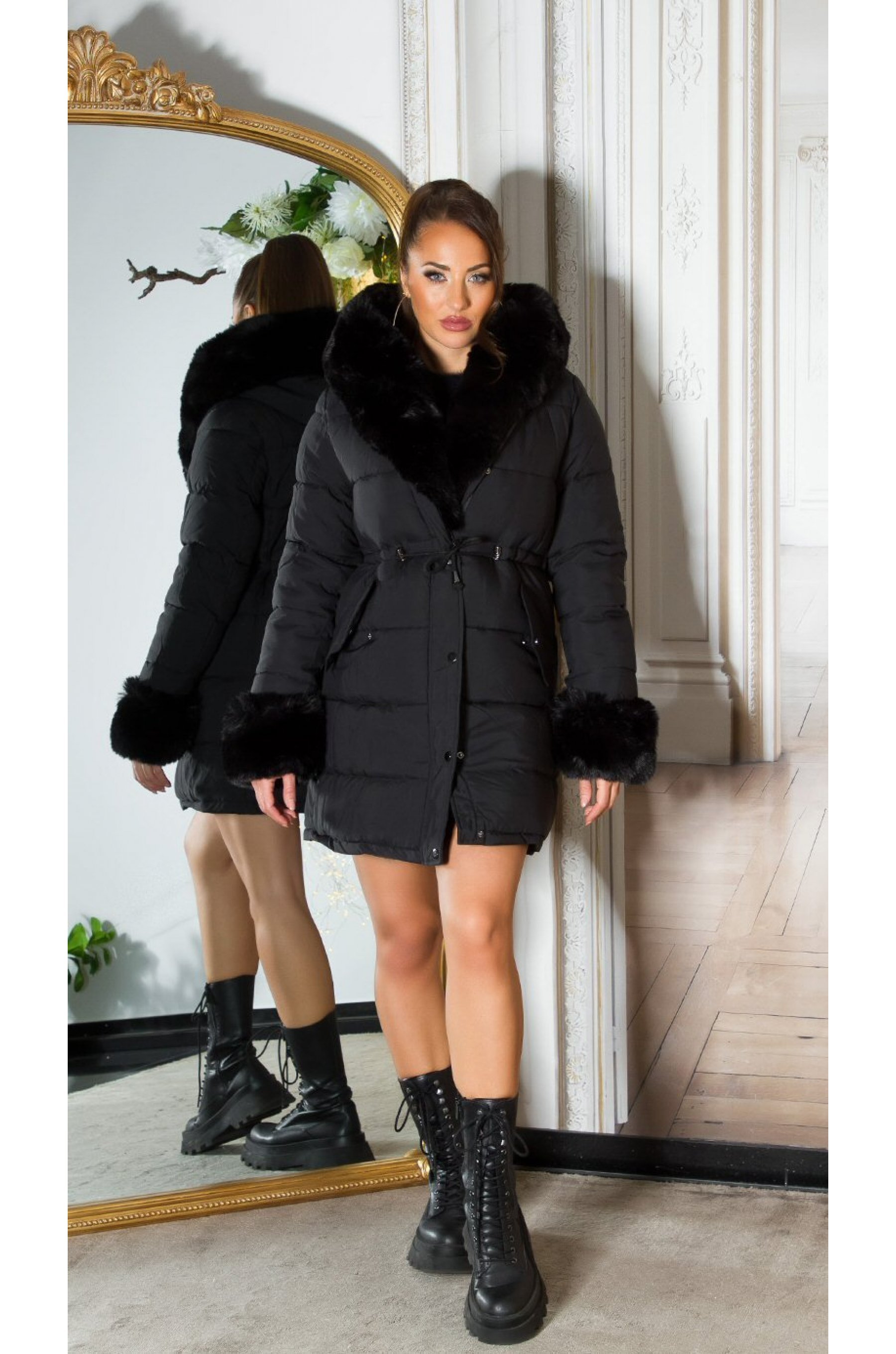 Geaca dama de iarna midi parka, neagra, matlasata, cu gluga si blanita ...