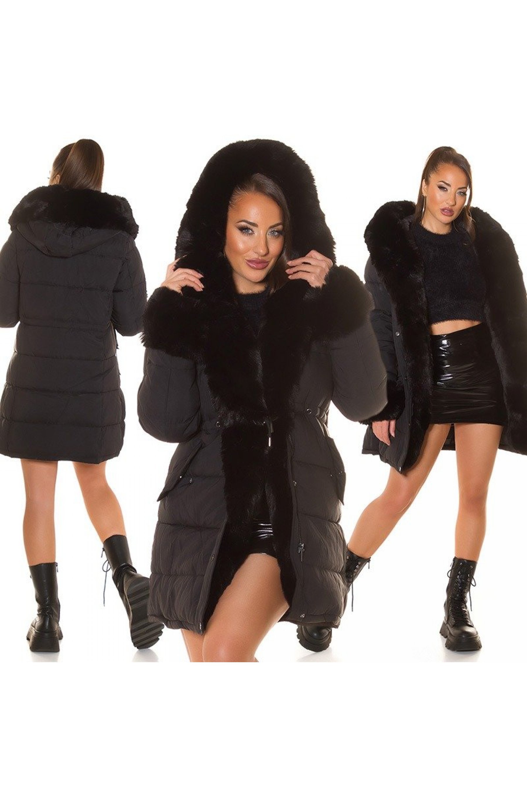 Geaca dama de iarna midi parka, neagra, matlasata, cu gluga si blanita ...