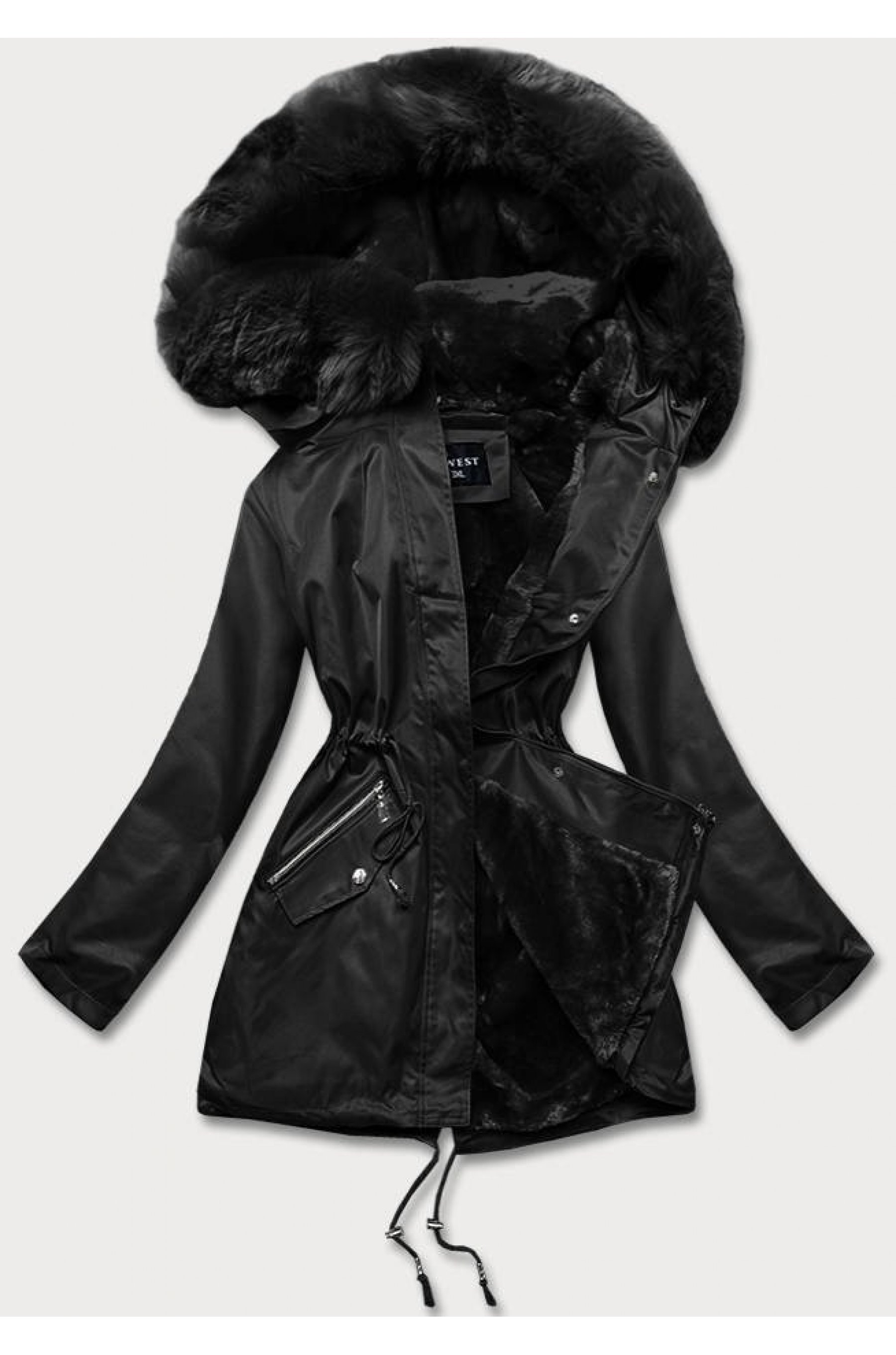 Geaca dama de iarna, neagra, parka, cu gluga si blanita, Varma ...