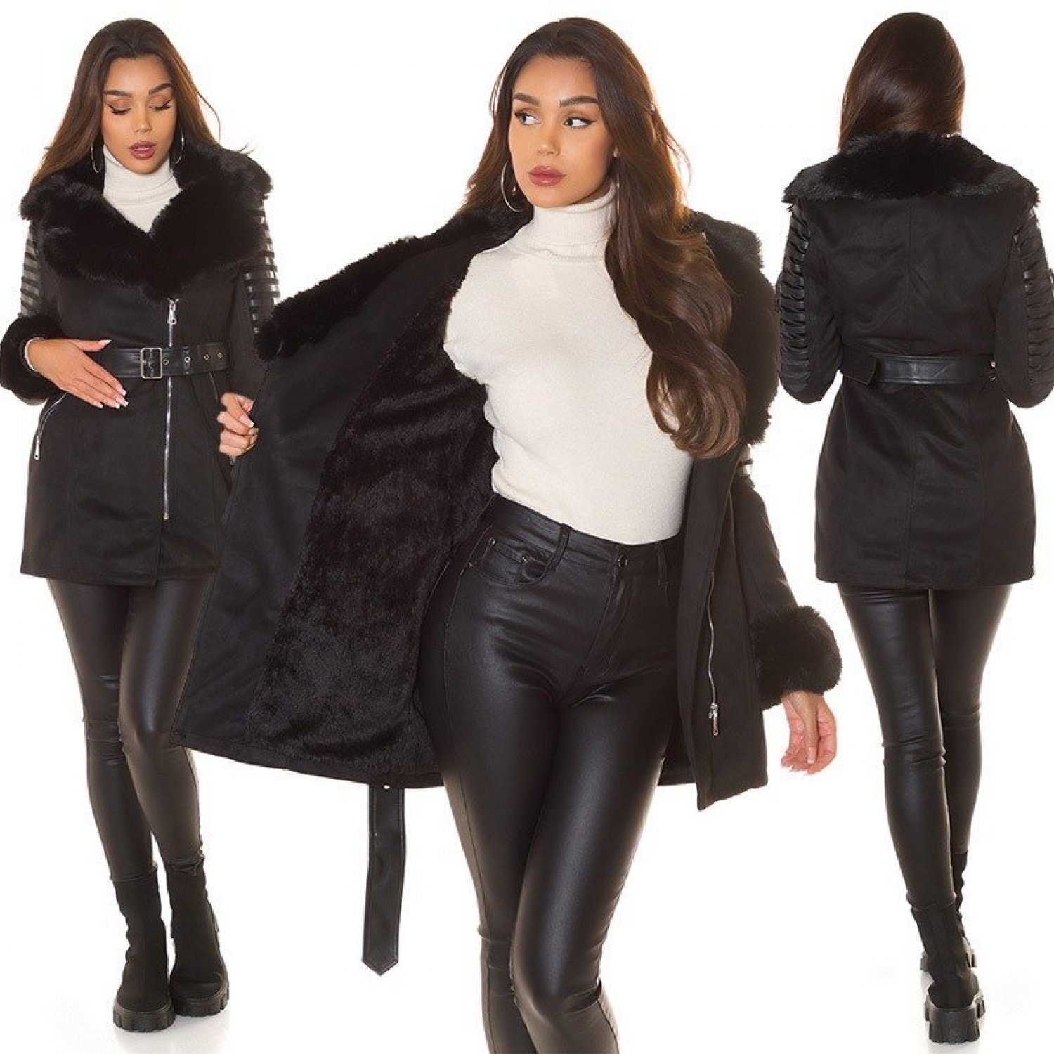 Geaca dama de iarna, neagra, piele eco, cu guler din blana artificiala ...
