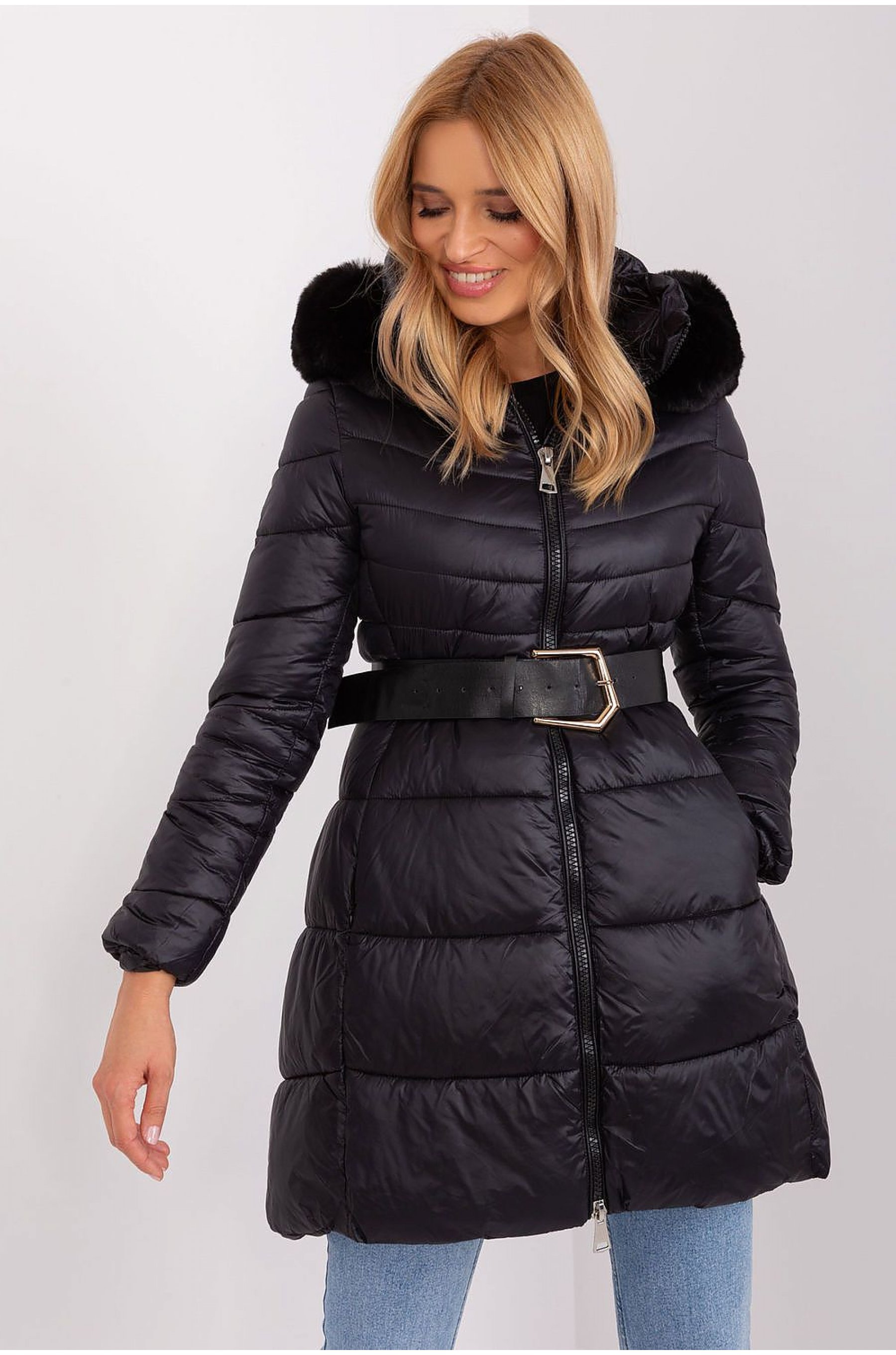 Geaca dama de iarna parka lunga, din nylon, neagra, matlasata, cu gluga ...