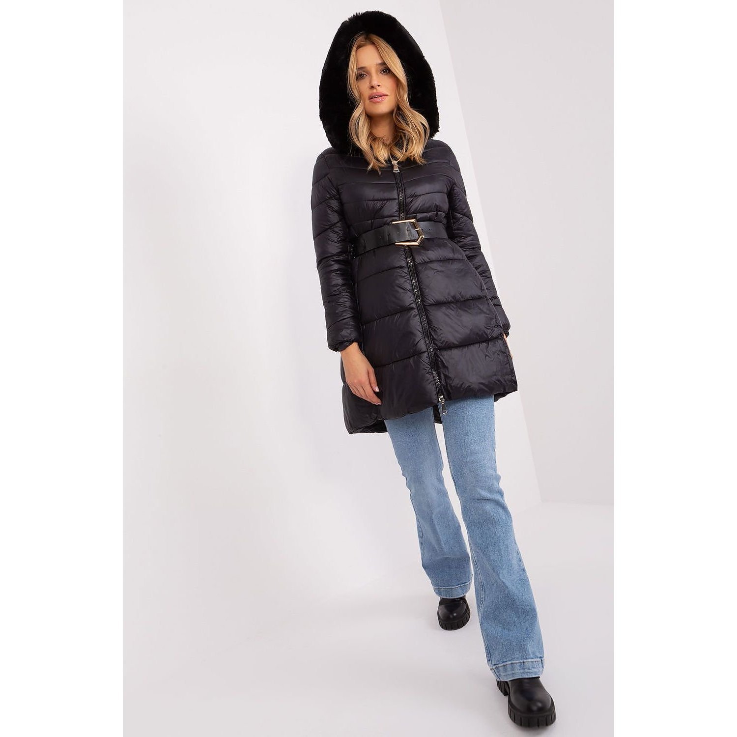 Geaca dama de iarna parka lunga, din nylon, neagra, matlasata, cu gluga ...