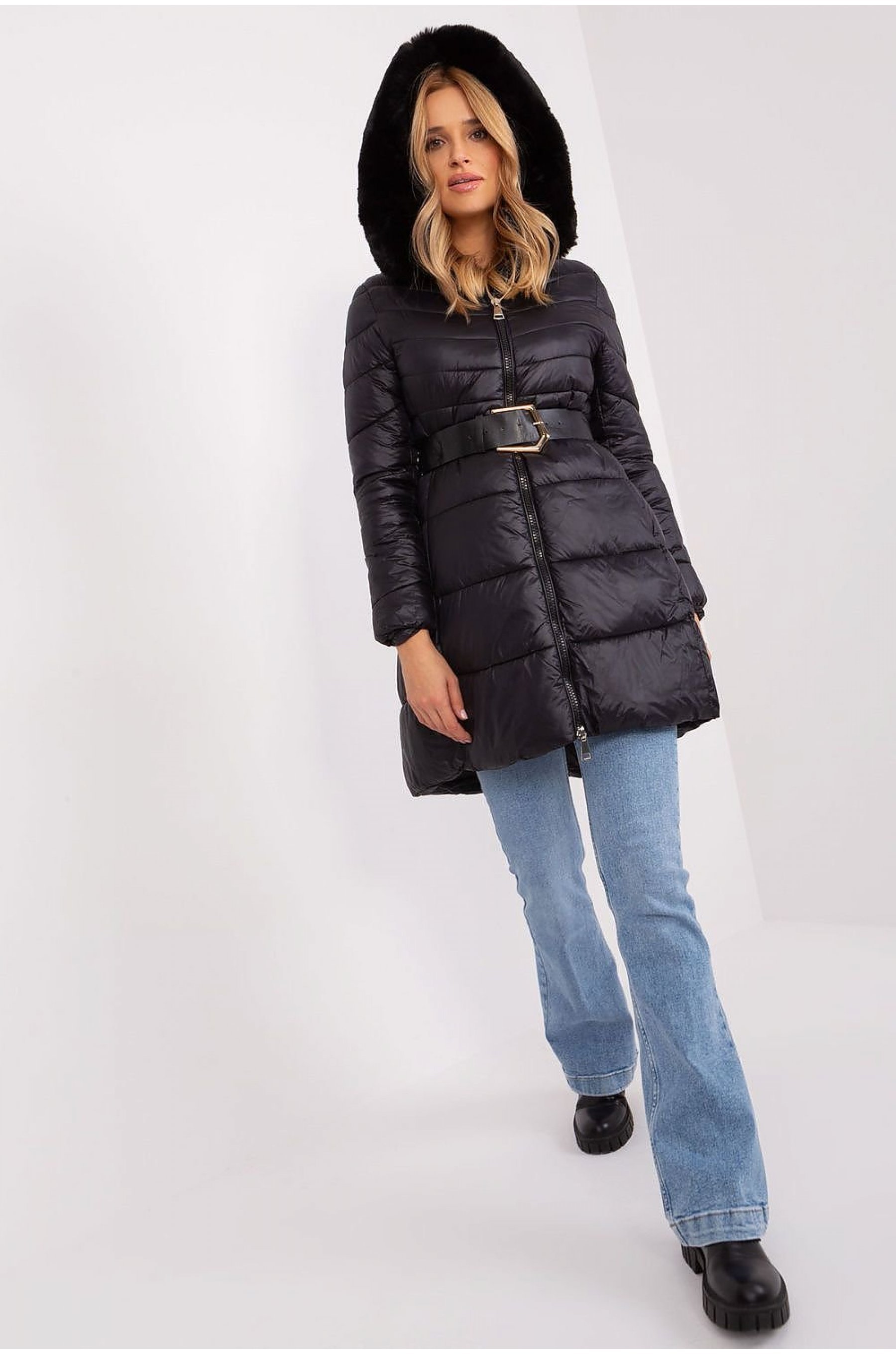 Geaca dama de iarna parka lunga, din nylon, neagra, matlasata, cu gluga ...