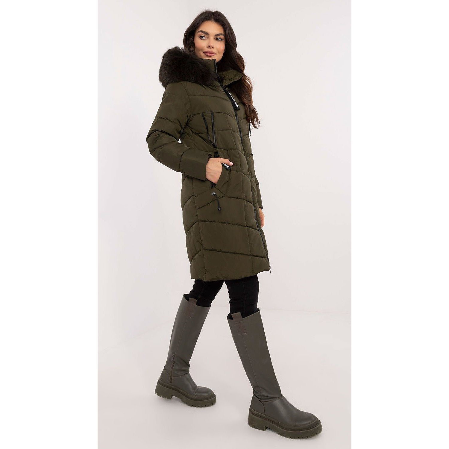 Geaca dama de iarna parka lunga, kaki, matlasata, cu gluga si blanita ...