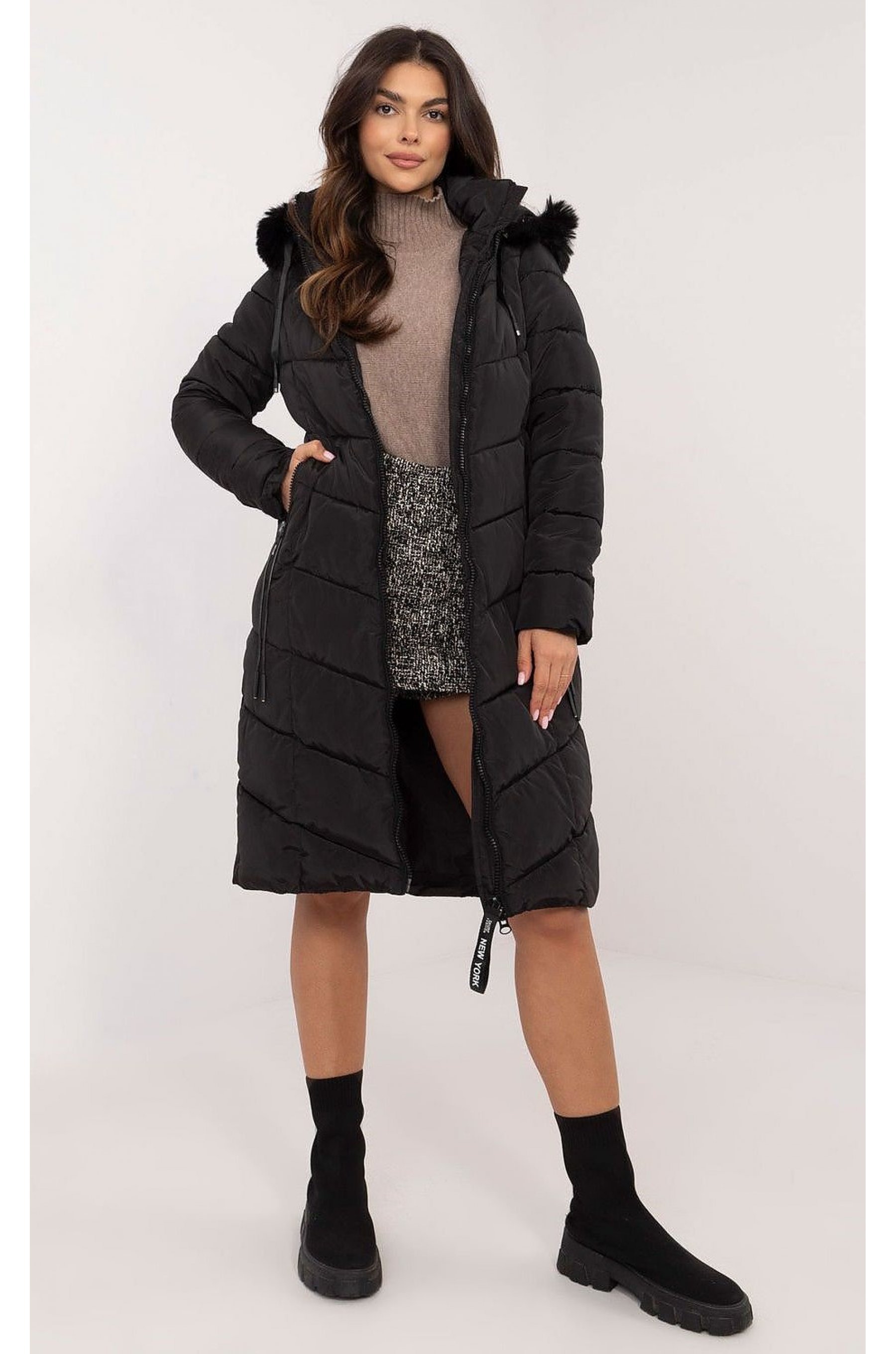 Geaca dama de iarna parka lunga neagra cu gluga si blana eco, Aresha1 ...