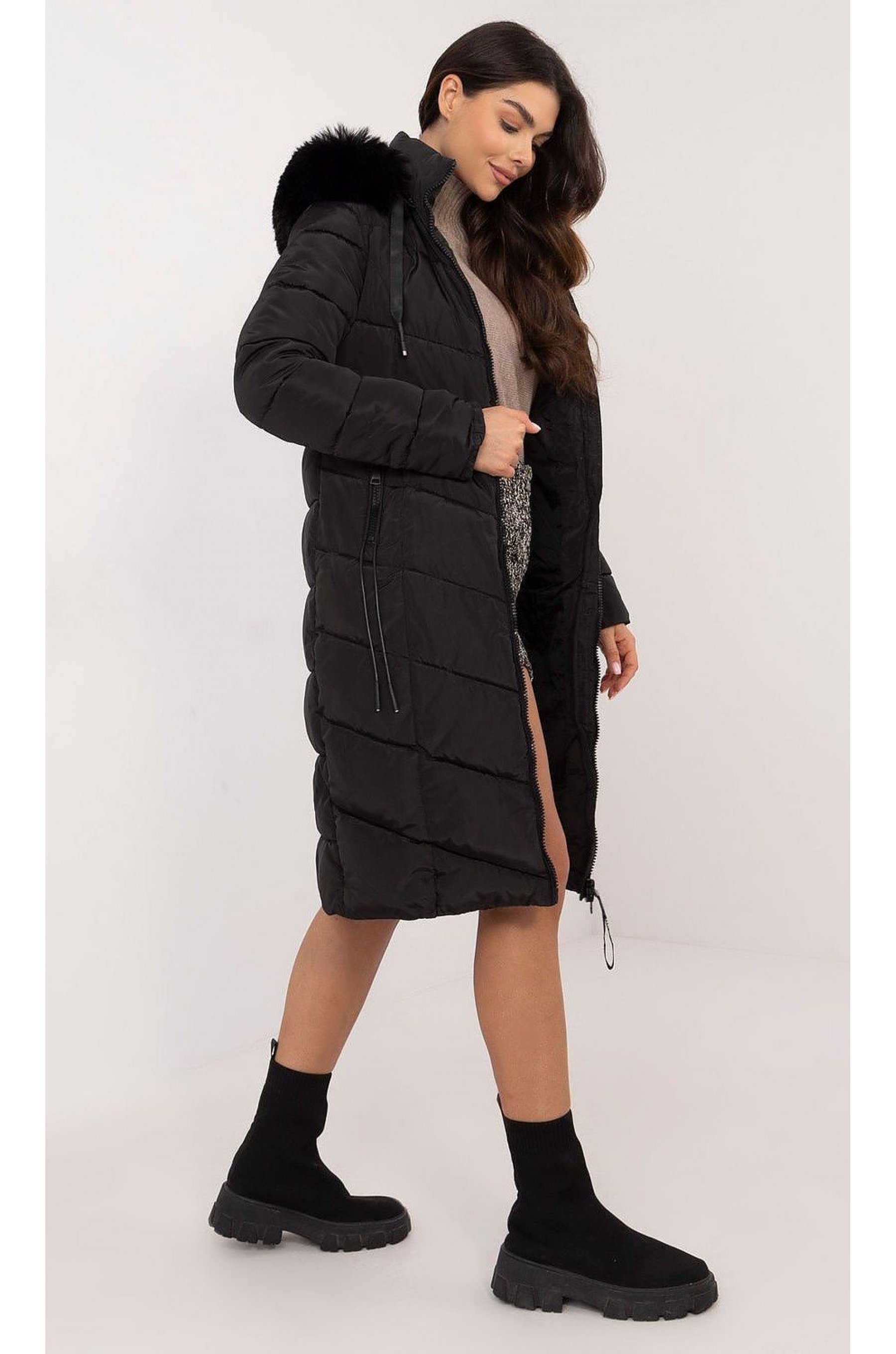 Geaca dama de iarna parka lunga neagra cu gluga si blana eco, Aresha1 ...