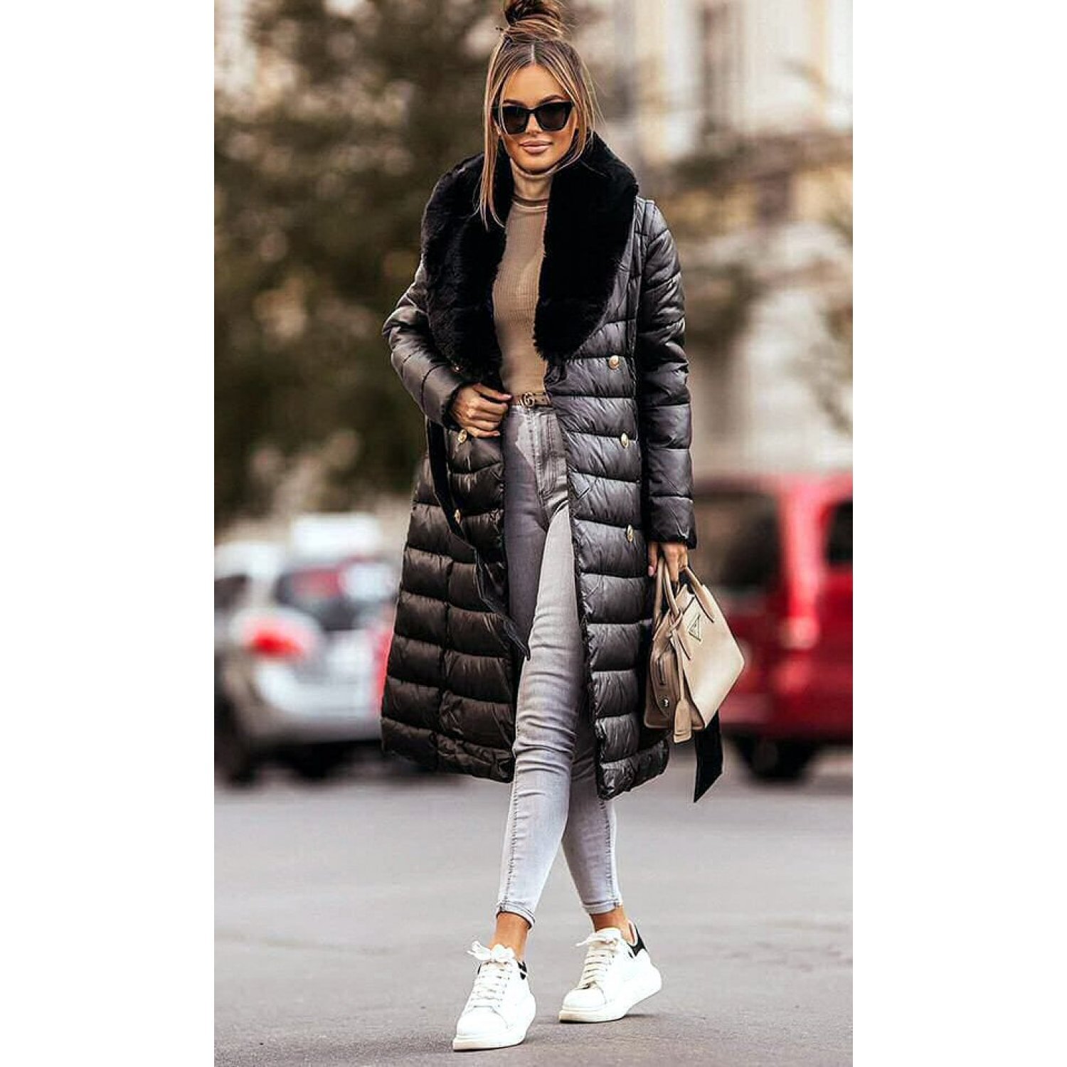 Geaca dama de iarna parka, lunga, neagra, din fas, cu guler din blana ...