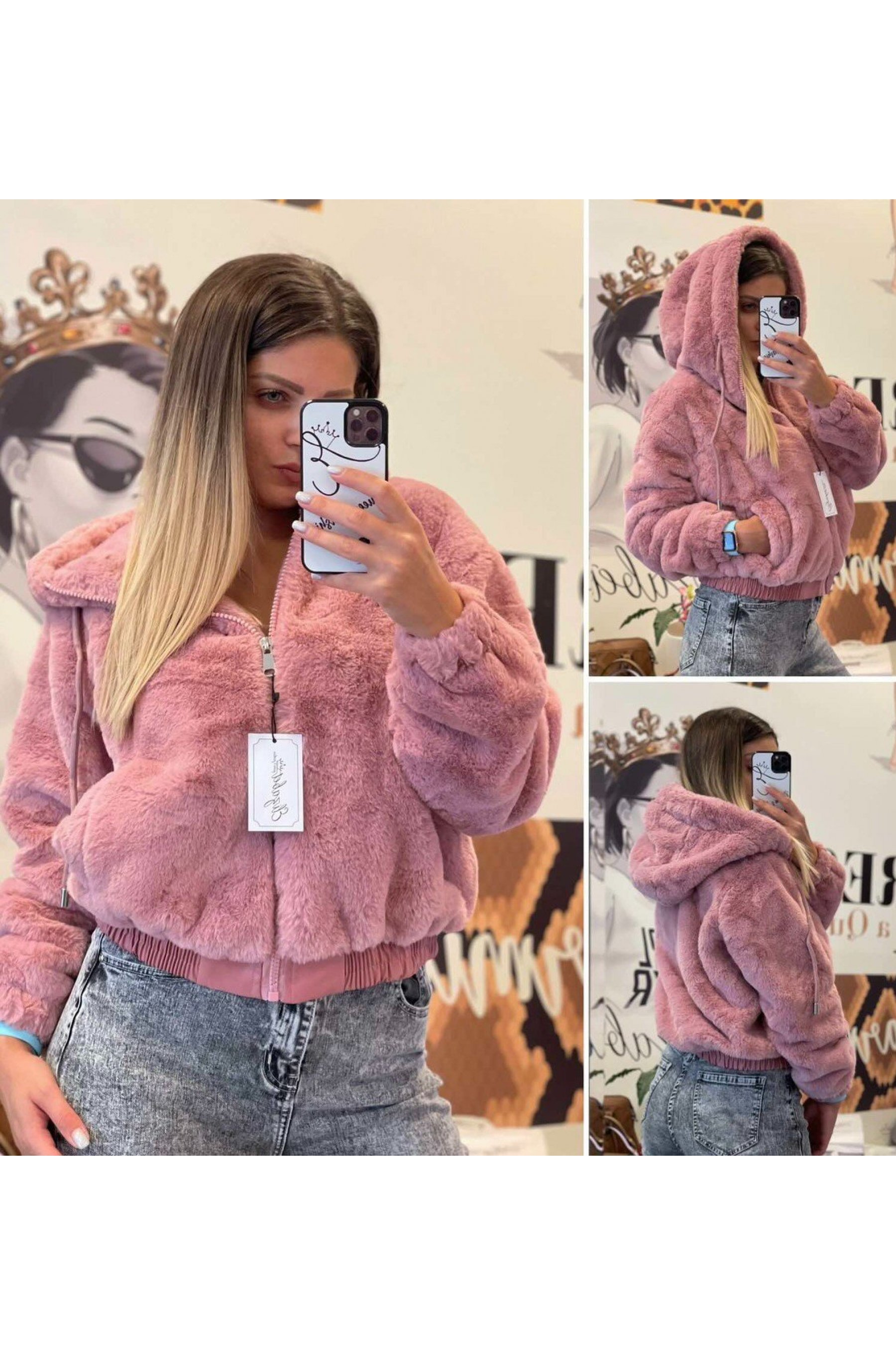 Geaca dama de iarna scurta, blana eco, roz pudra, cu buzunare si gluga ...