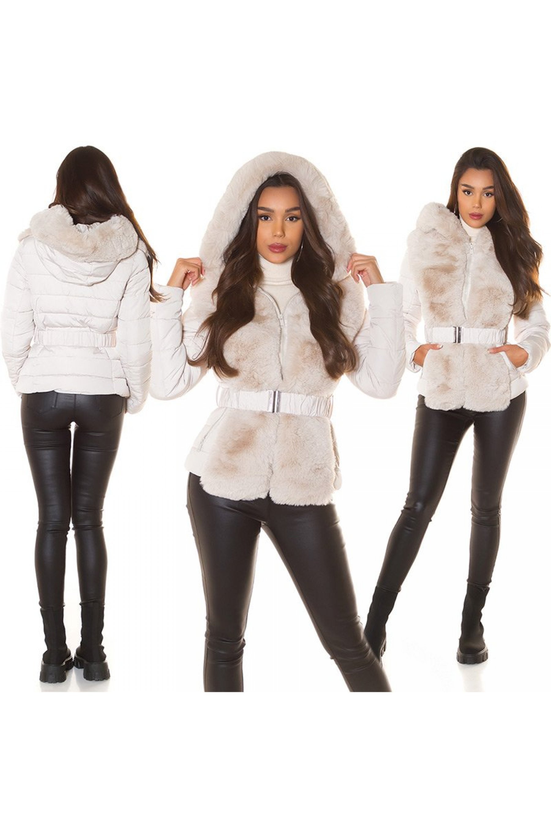 Geaca dama de iarna scurta, cu blana eco bej si gluga, Irenka ...