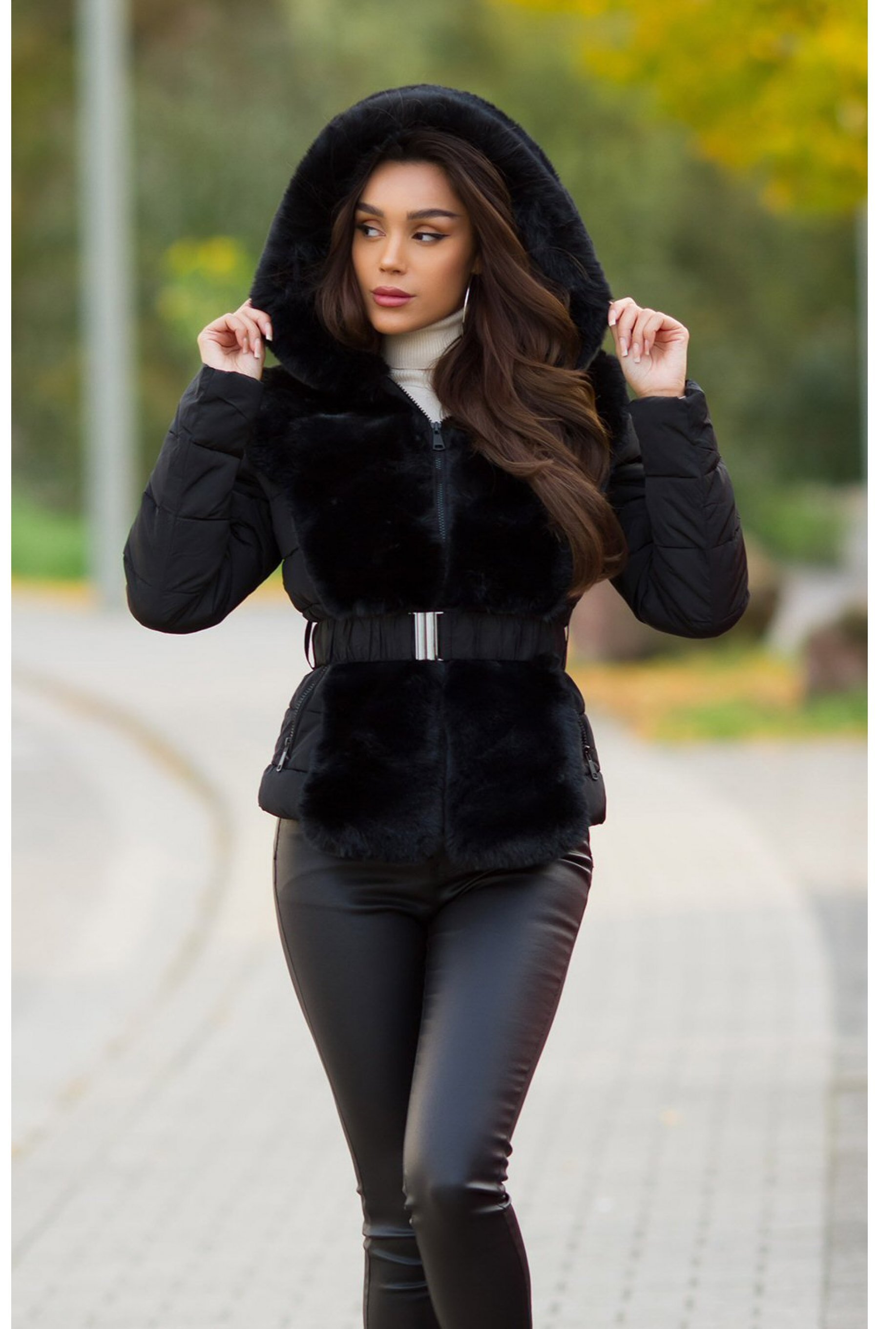 Geaca de iarna scurta, cu blana eco neagra si gluga, Irenka ...