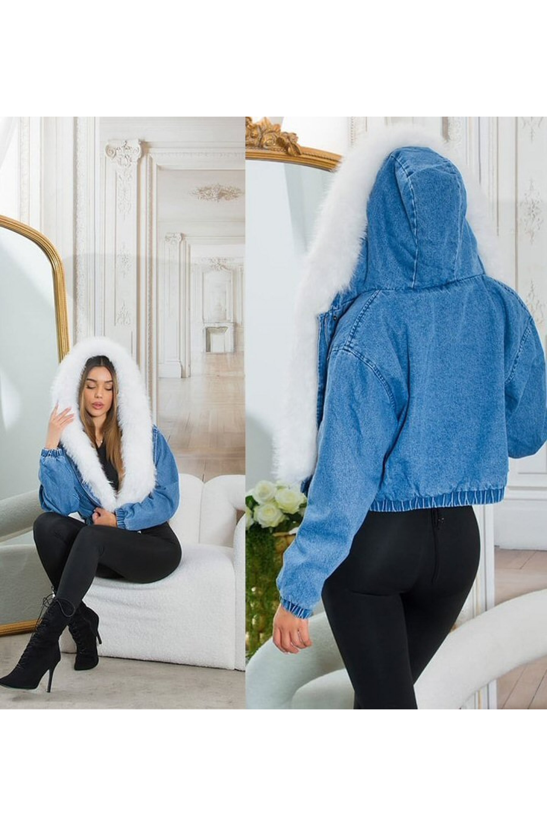 Geaca dama de iarna scurta, din denim, albastra, cu gluga si blana eco ...