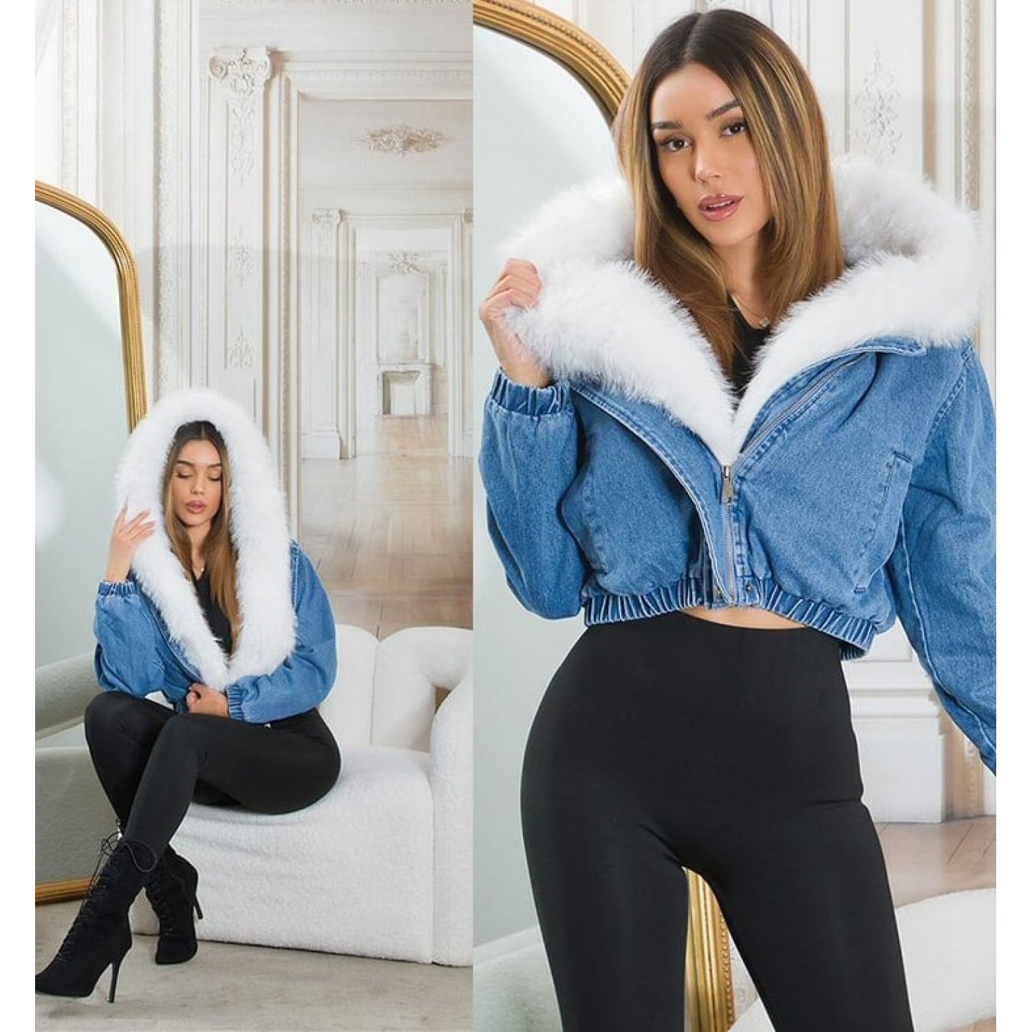 Geaca dama de iarna scurta, din denim, albastra, cu gluga si blana eco ...