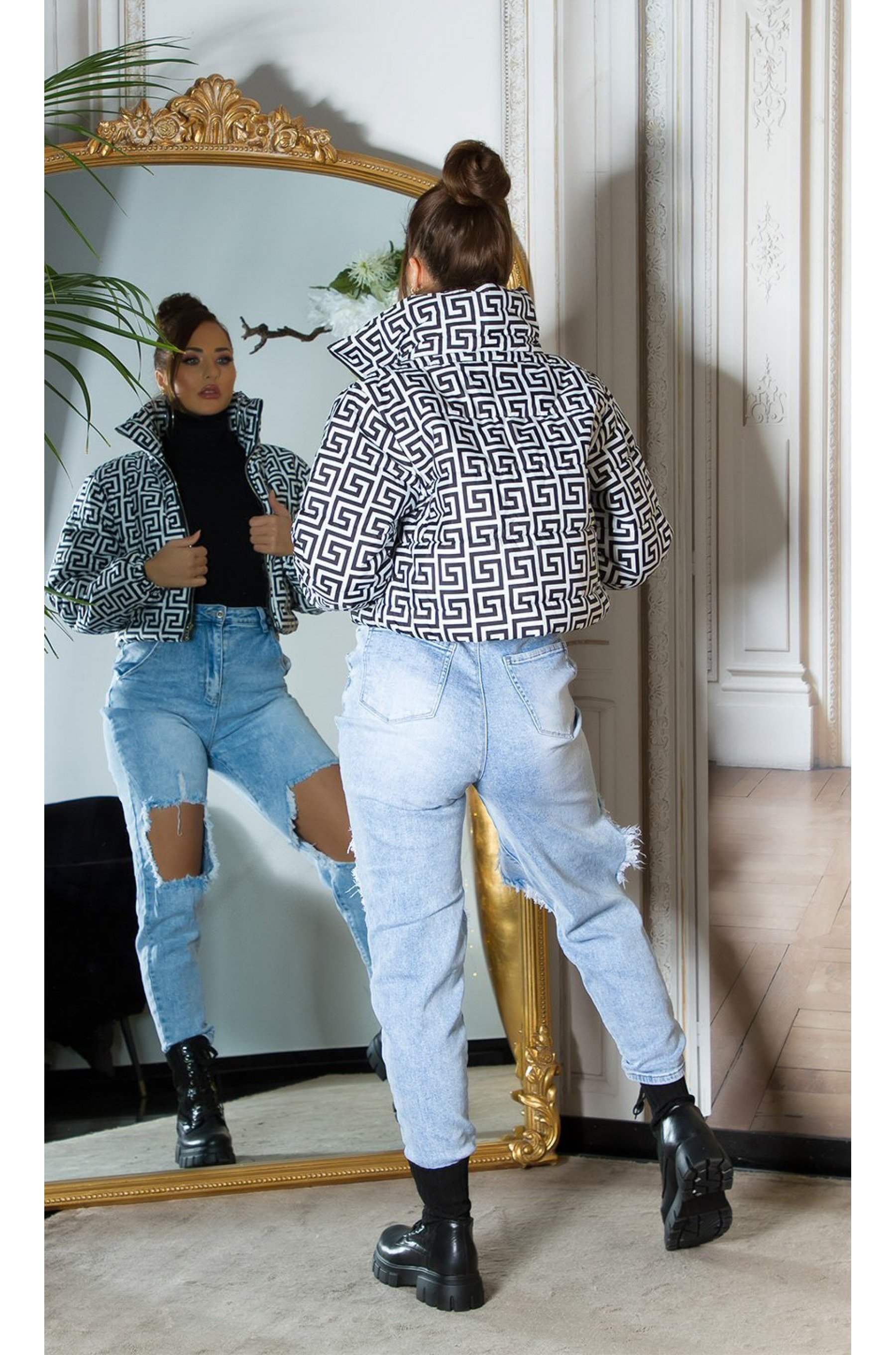 Geaca dama de iarna scurta, din nylon, alba cu print negru, bomber ...